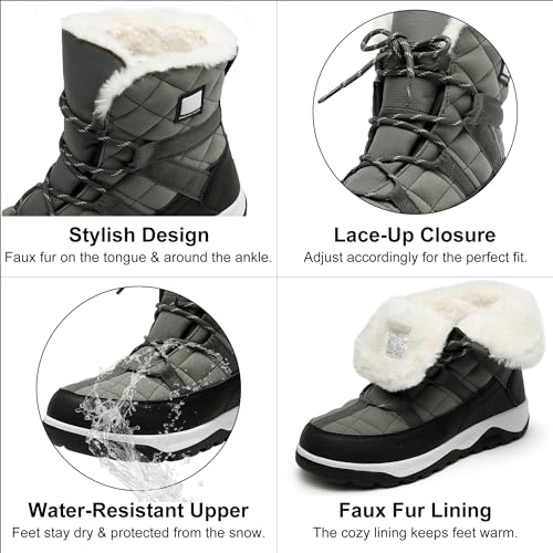 DREAM PAIRS Women's Winter Snow Boots Waterproof Rubber Ankle Booties with Warm Comfortable Faux Fur Lining,botas de invierno para mujer,Lace Up Non-Slip Outdoor Boots for Women,Sdsb2214w,Grey,Size 10