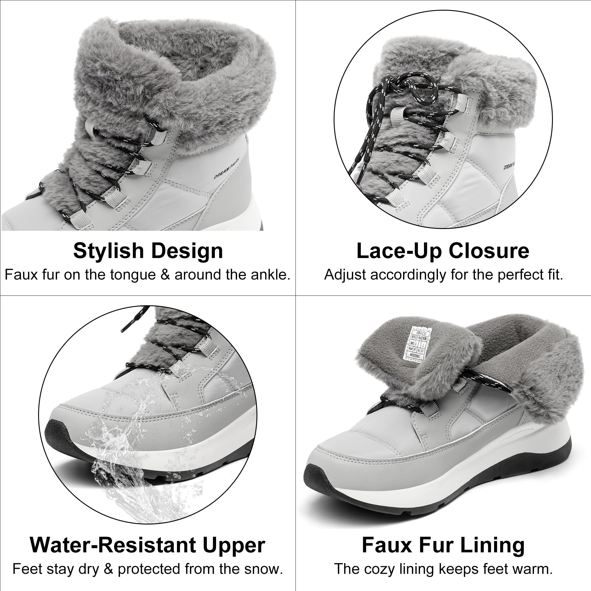 DREAM PAIRS Women's Winter Snow Boots, Faux Fur Waterproof Ankle Booties, Zaylee Ladies Comfortable Short Boots Outdoor,Size 10,Grey,SDSB2208W