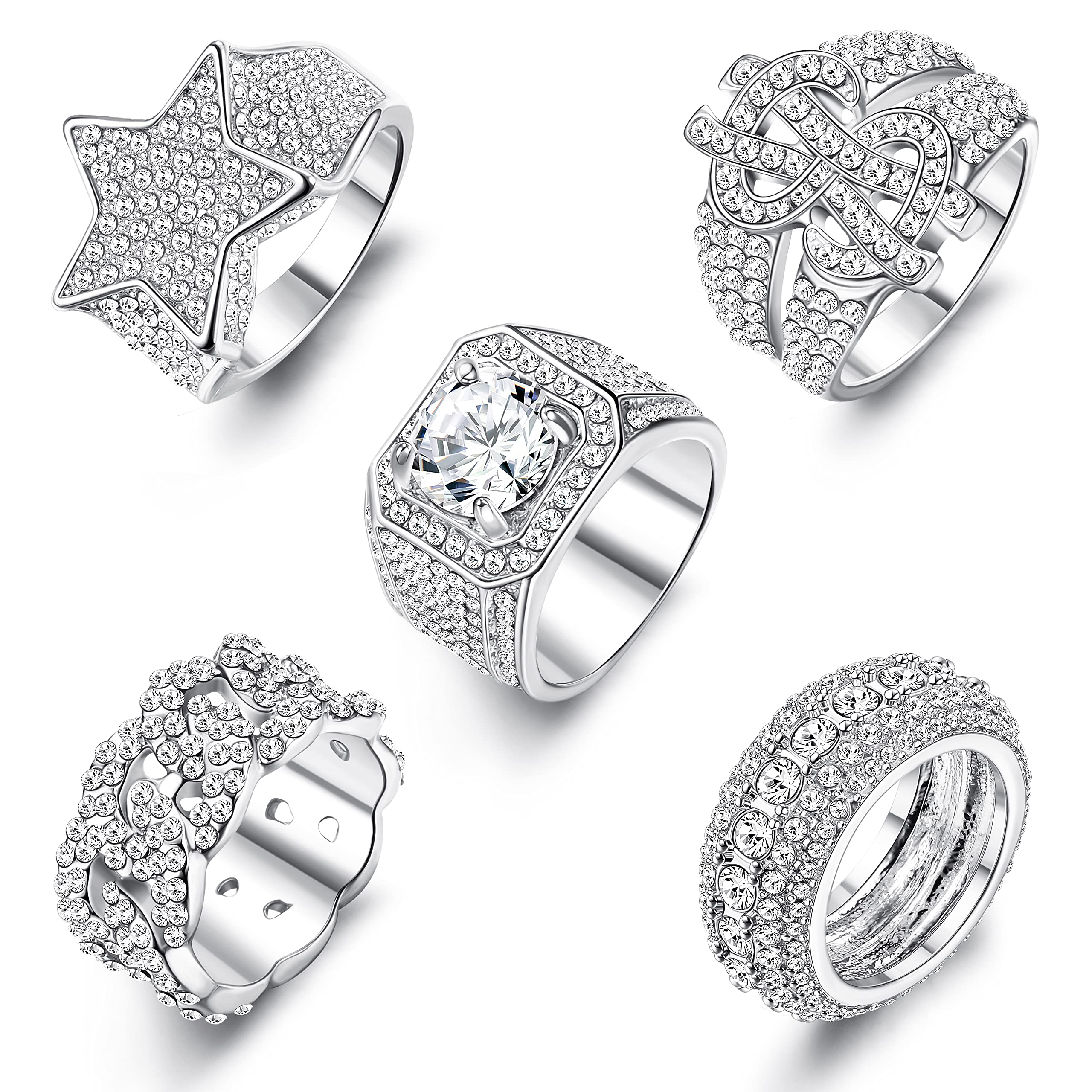 Sanfenly Iced Out Rings for Men Bling Fake Diamond Costume Pinky Rings Chunky Silver 80s 90s Hip Hop Rings Star Cuban Chain Square US Dollar Sign Cool Rapper Ring Fashion Cosplay Man Jewelry Ring Set