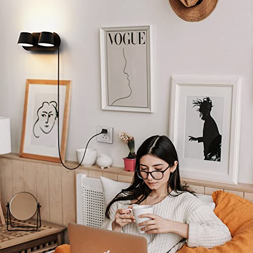 Sytmhoe Modern Black Double Head Dimmable LED Wall Sconce, Bedroom Wall Light with USB, Plug-in Installation, 12W, 10.24x3.94x5.12in