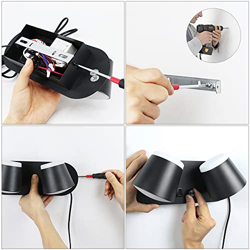 Sytmhoe Modern Black Double Head Dimmable LED Wall Sconce, Bedroom Wall Light with USB, Plug-in Installation, 12W, 10.24x3.94x5.12in