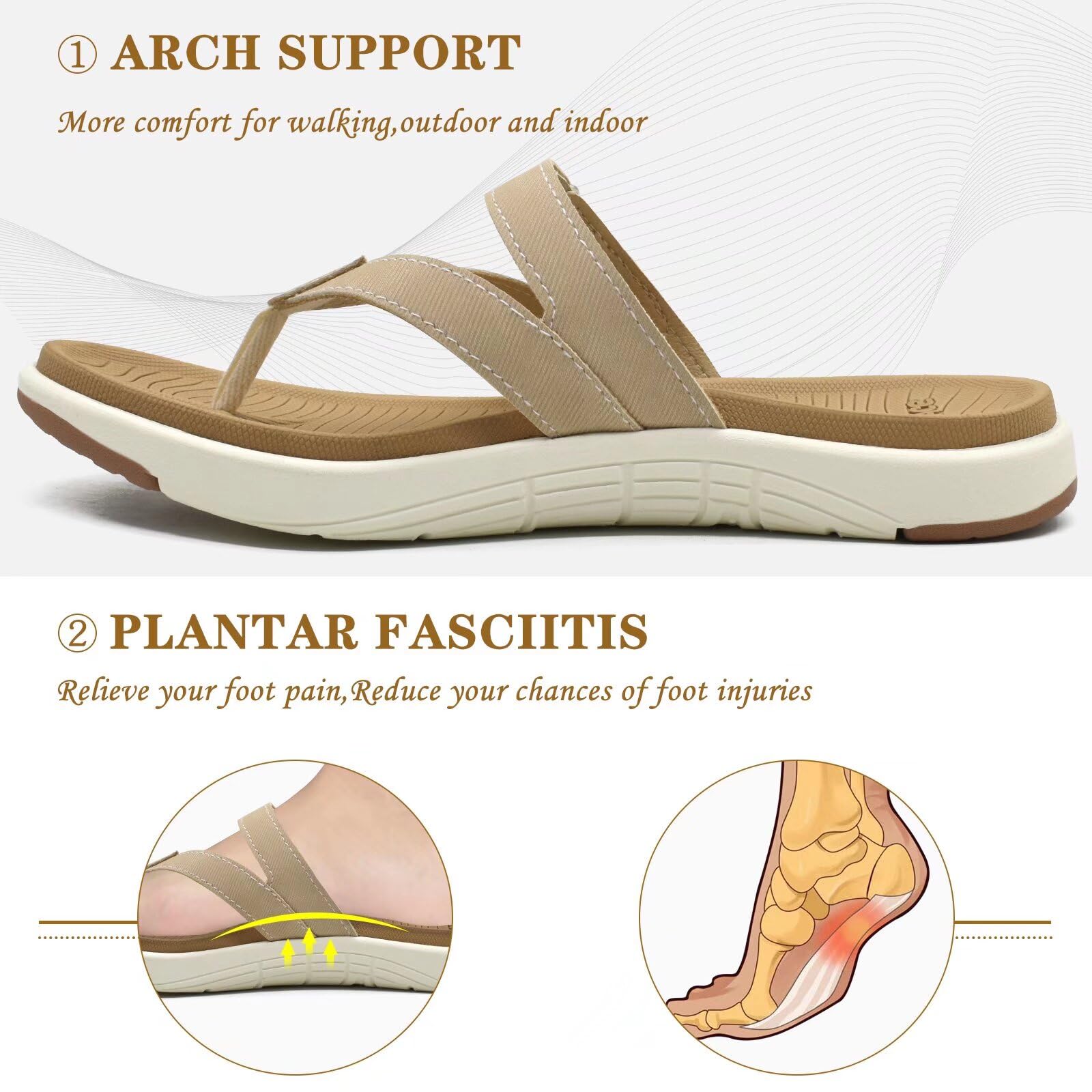 COFACE Womens Orthopedic Flip Flops Ladies Slip On Athletic Yoga Memory Foam Cushioned Recovery Walking Thong Sandals Summer Beach Pool Slippers Comfortable Plantar Fasciitis Arch Support Beige Size 8