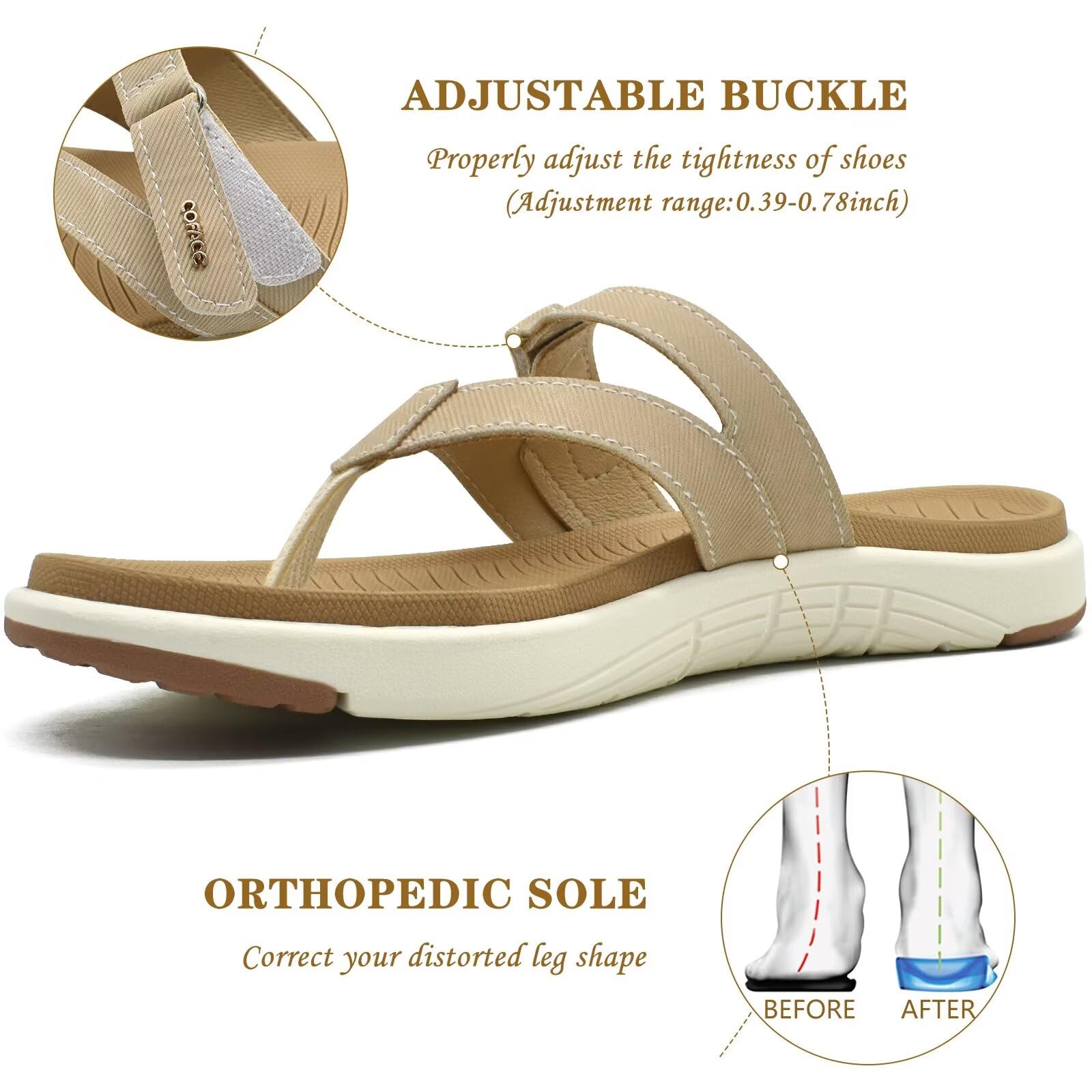 COFACE Womens Orthopedic Flip Flops Ladies Slip On Athletic Yoga Memory Foam Cushioned Recovery Walking Thong Sandals Summer Beach Pool Slippers Comfortable Plantar Fasciitis Arch Support Beige Size 8
