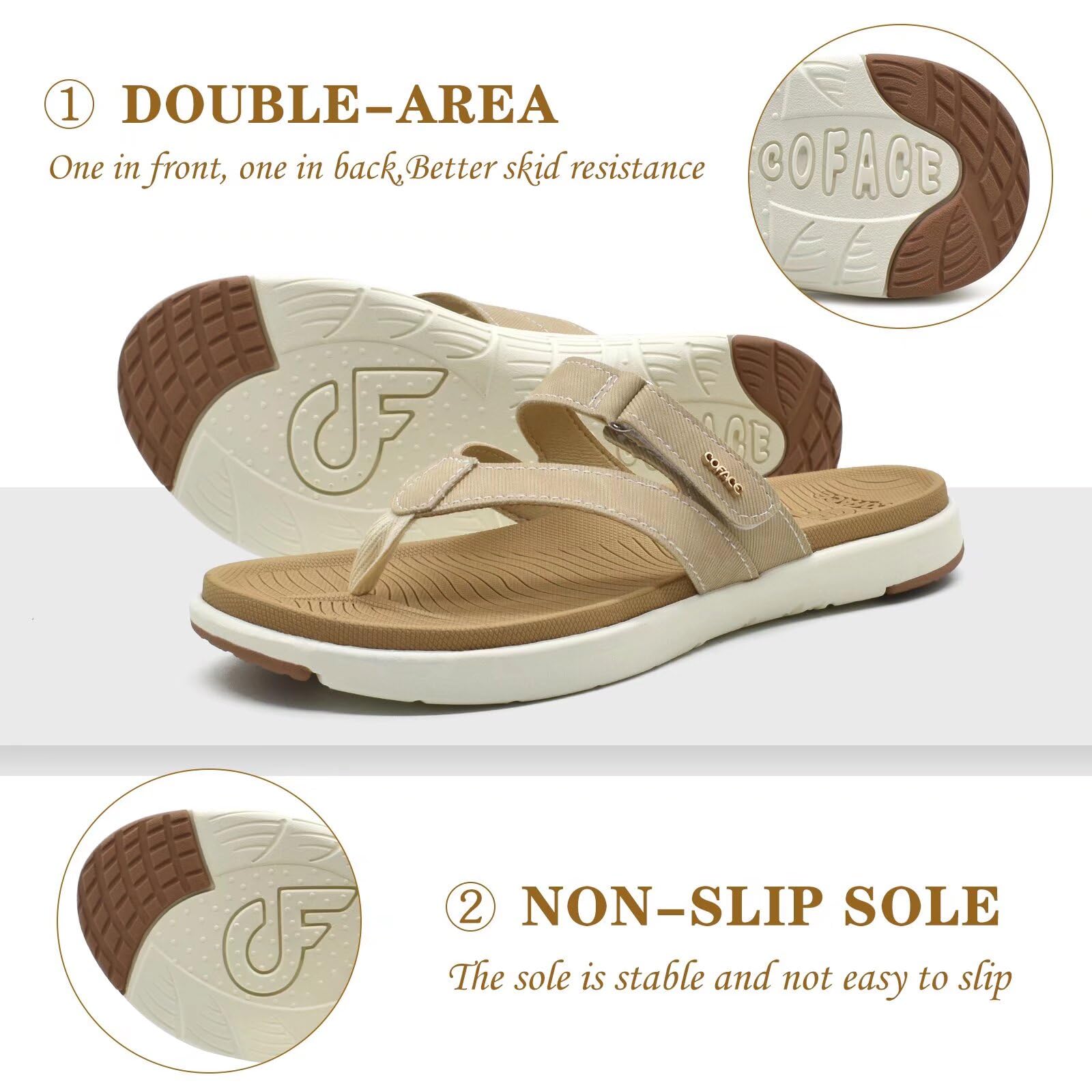 COFACE Womens Orthopedic Flip Flops Ladies Slip On Athletic Yoga Memory Foam Cushioned Recovery Walking Thong Sandals Summer Beach Pool Slippers Comfortable Plantar Fasciitis Arch Support Beige Size 8