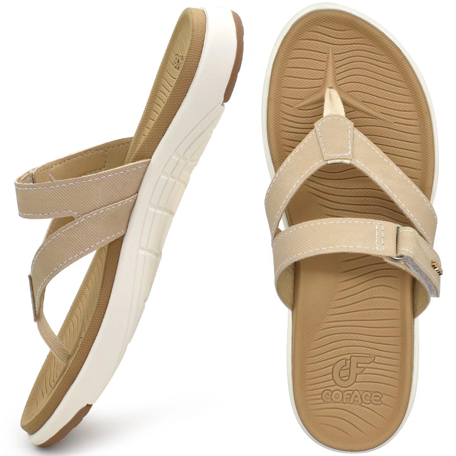 COFACE Womens Orthopedic Flip Flops Ladies Slip On Athletic Yoga Memory Foam Cushioned Recovery Walking Thong Sandals Summer Beach Pool Slippers Comfortable Plantar Fasciitis Arch Support Beige Size 8