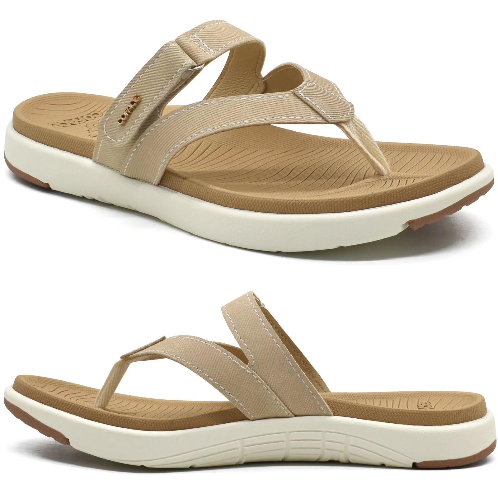 COFACE Womens Orthopedic Flip Flops Ladies Slip On Athletic Yoga Memory Foam Cushioned Recovery Walking Thong Sandals Summer Beach Pool Slippers Comfortable Plantar Fasciitis Arch Support Beige Size 8