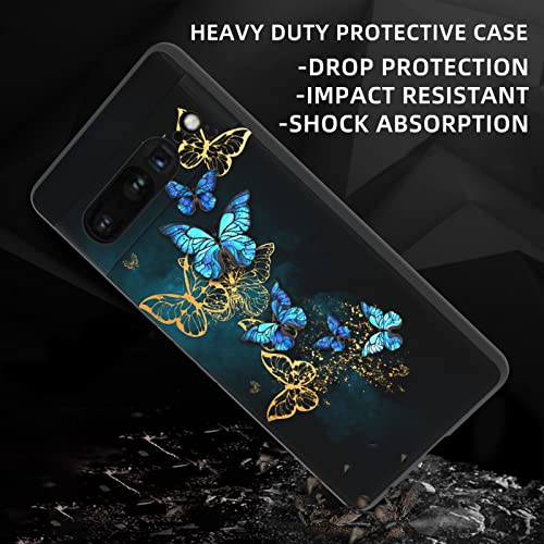 NKase for Google Pixel 7 Pro Case 2022, Google Pixel 7 Pro Case Full Body Matte Soft TPU Flexible Non Slip Bumper Shockproof Protective Pixel 7 Pro Phone Case, Gold/Blue Butterfly