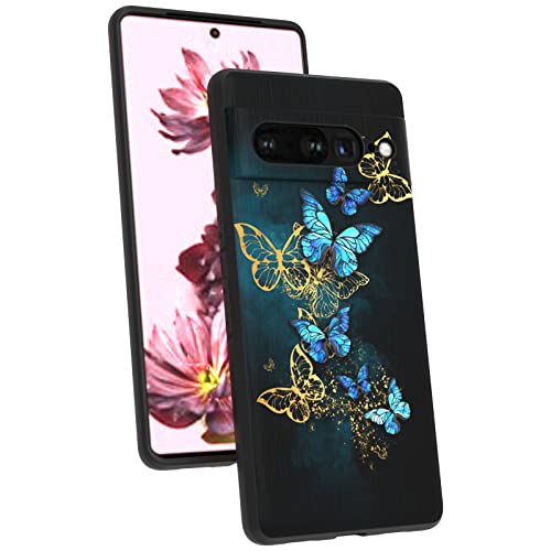 NKase for Google Pixel 7 Pro Case 2022, Google Pixel 7 Pro Case Full Body Matte Soft TPU Flexible Non Slip Bumper Shockproof Protective Pixel 7 Pro Phone Case, Gold/Blue Butterfly