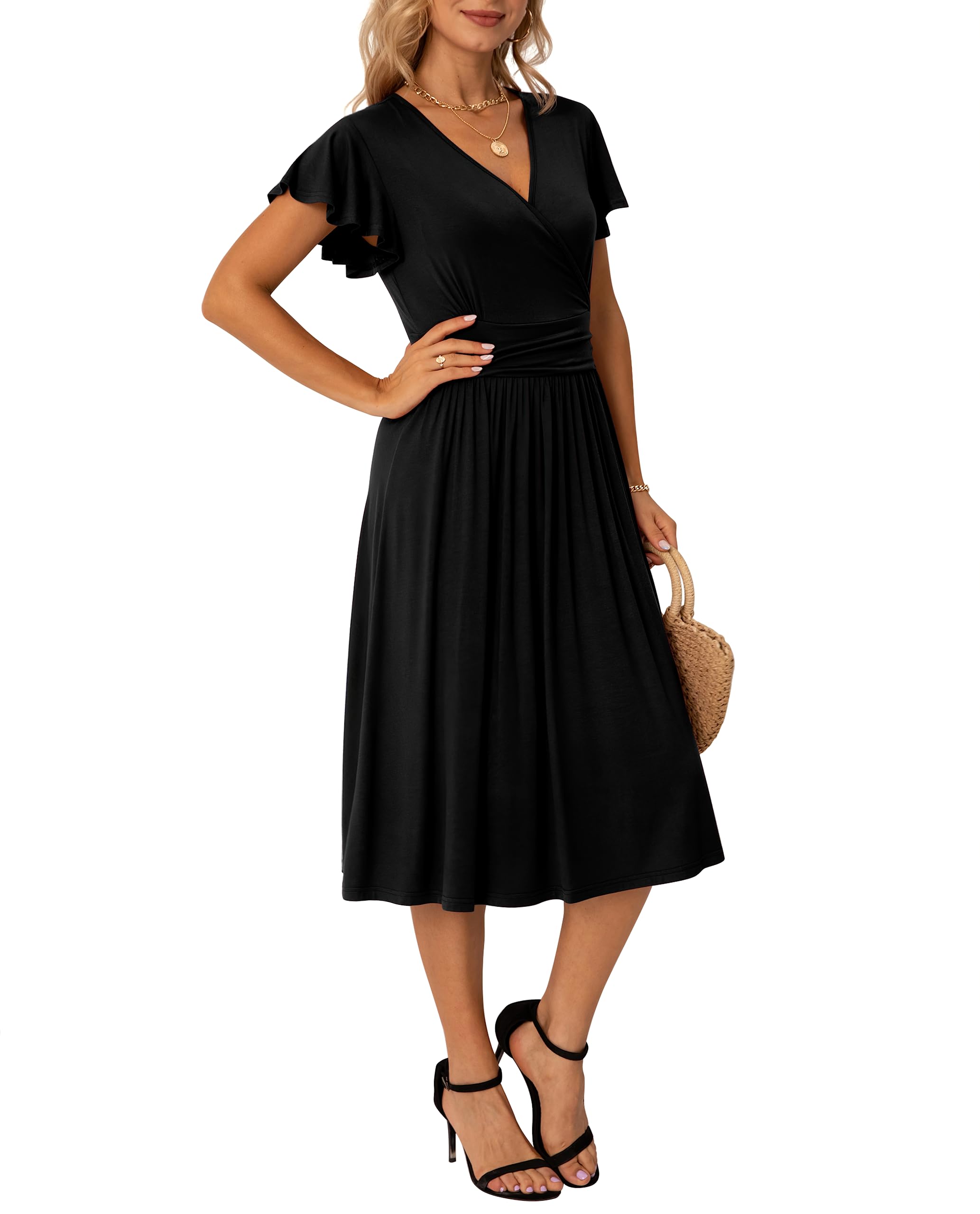 GRECERELLE Summer Dress for Women, Casual Short Sleeve Black Dresses, Wrap V-Neck Party Dress(X-Large, Black)