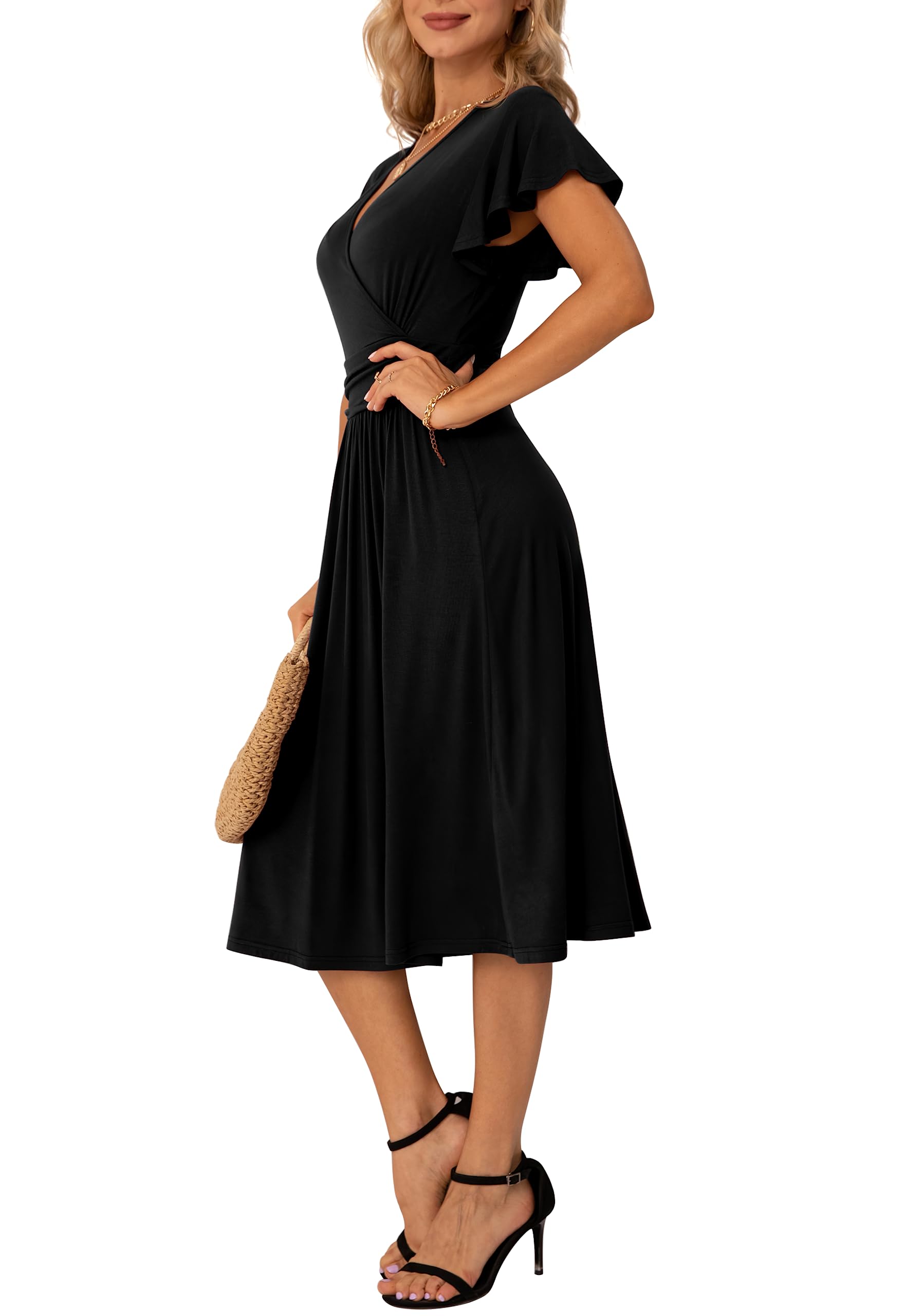 GRECERELLE Summer Dress for Women, Casual Short Sleeve Black Dresses, Wrap V-Neck Party Dress(X-Large, Black)