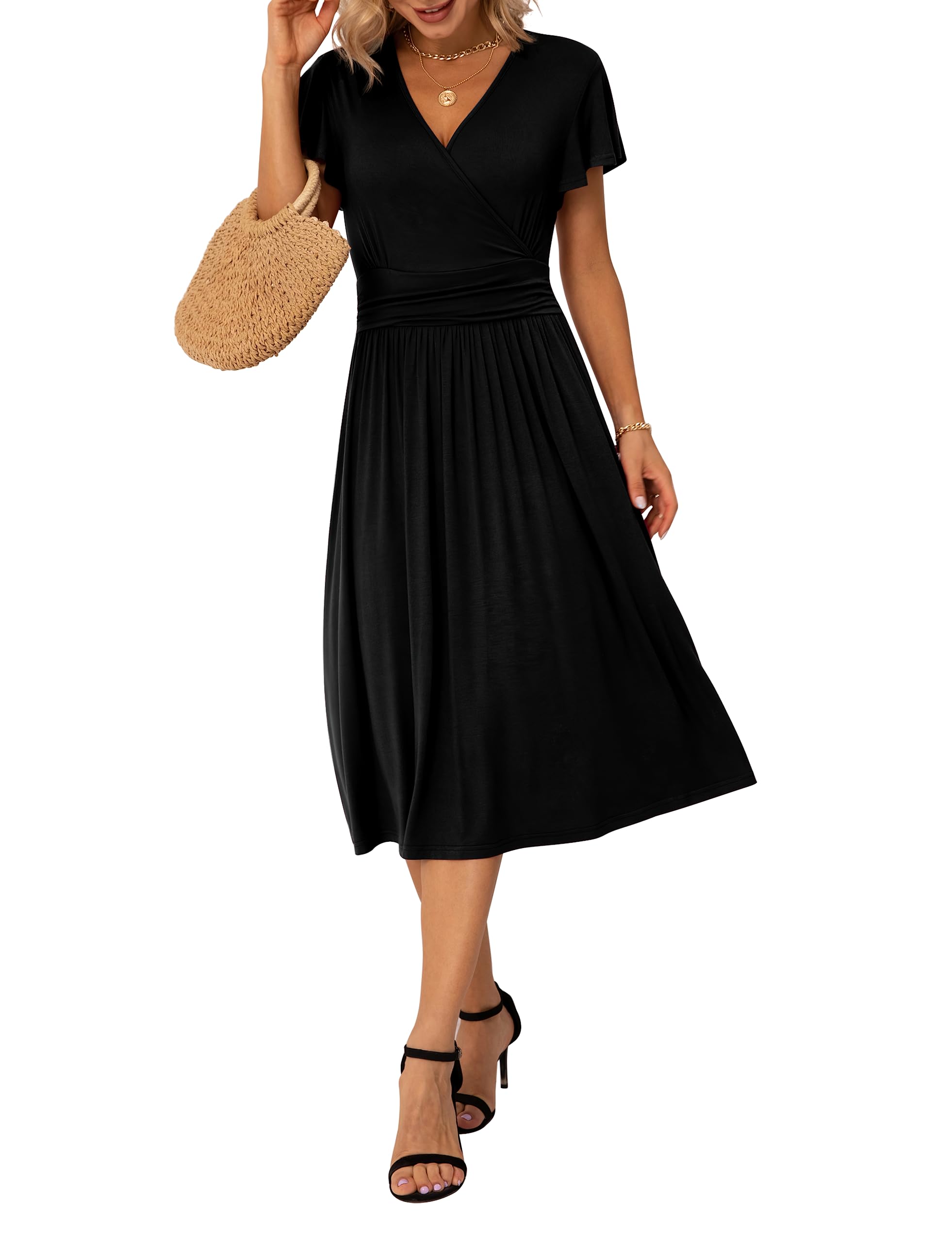 GRECERELLE Summer Dress for Women, Casual Short Sleeve Black Dresses, Wrap V-Neck Party Dress(X-Large, Black)