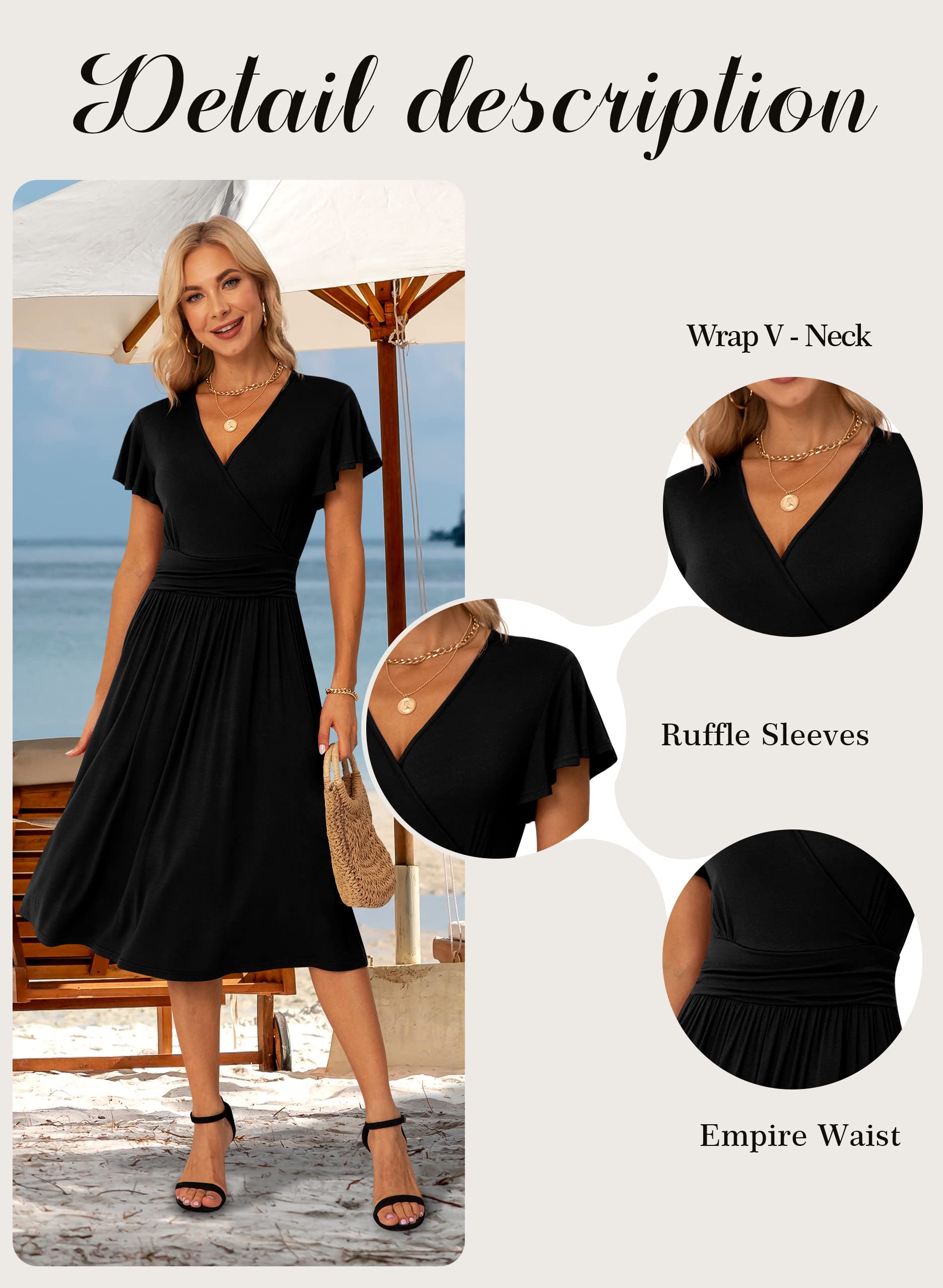 GRECERELLE Summer Dress for Women, Casual Short Sleeve Black Dresses, Wrap V-Neck Party Dress(X-Large, Black)