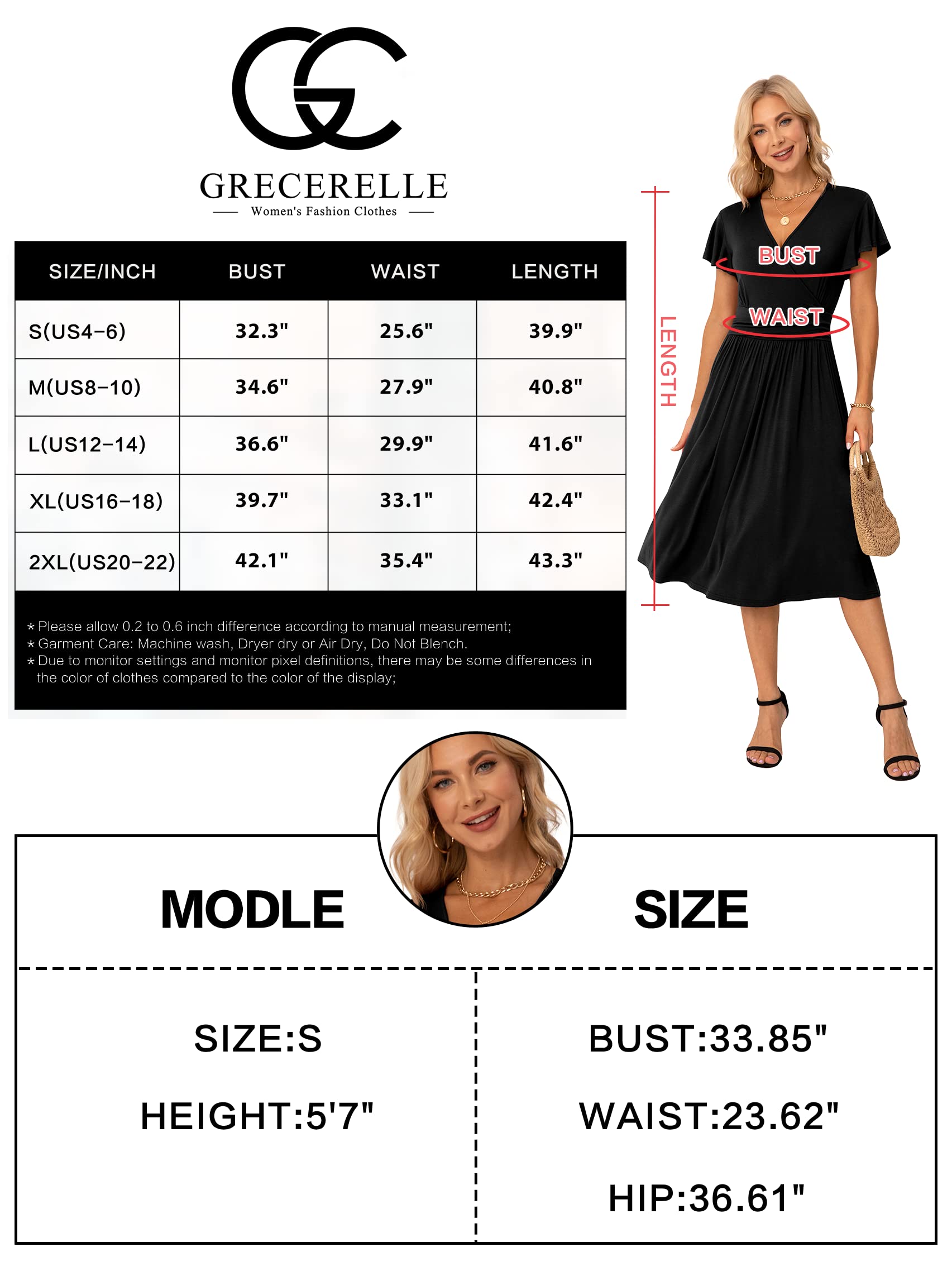 GRECERELLE Summer Dress for Women, Casual Short Sleeve Black Dresses, Wrap V-Neck Party Dress(X-Large, Black)