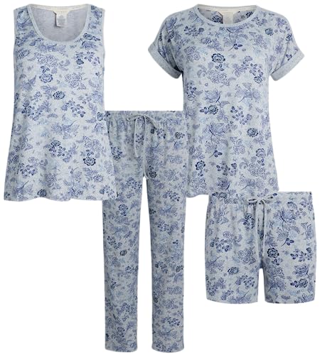 Lucky Brand Women's Pajama Set - 4 Piece Short Sleeve Shirt, Tank Top, Sleep Pants, Lounge Shorts, Size Large, Mini Denim Floral