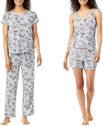 Lucky Brand Women's Pajama Set - 4 Piece Short Sleeve Shirt, Tank Top, Sleep Pants, Lounge Shorts, Size Large, Mini Denim Floral
