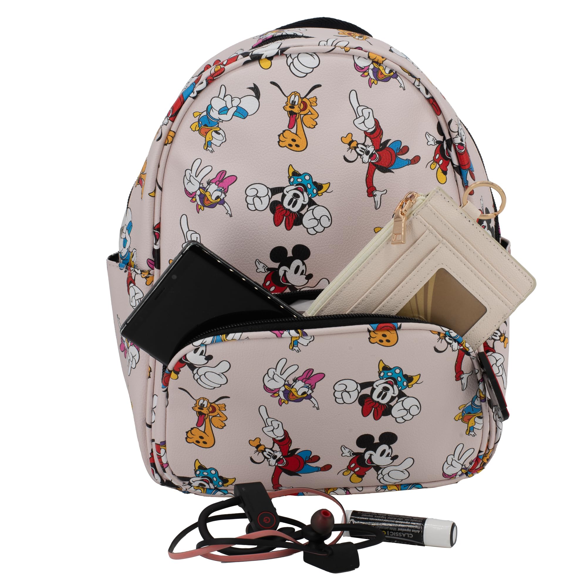 Disney Mickey, Minnie, & Friends Mini Backpack with Allover Print & Molded Iconic Mickey Pants Dangle, 10.5 Inches, Adjustable Straps, Faux Leather