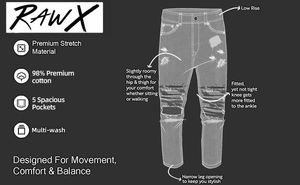 RAW X Mens Distressed Jeans, Fashion Destroyed Distressed Washed Denim Pants Skinny Jeans for Men, White - 90011, 30W x 32L