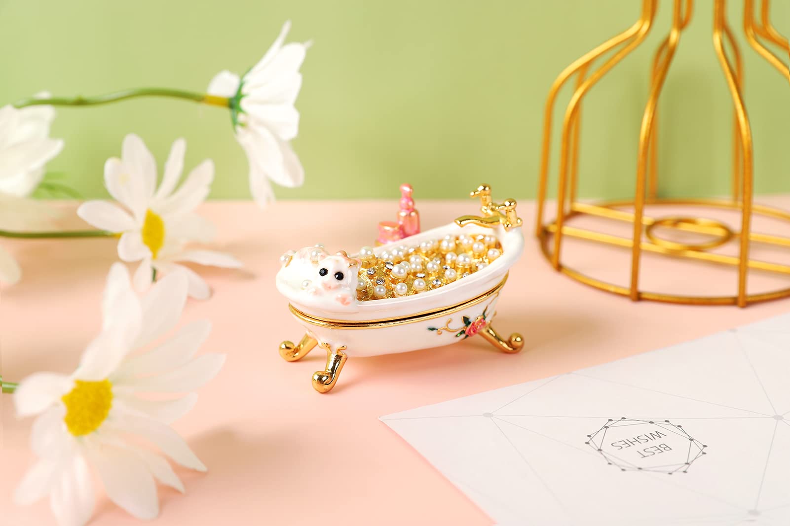 FASSLINO Pearls Bathtub Trinket Box Hinged Enameled Hand-Painted Ornaments Decorative Craft Gift for Home Decor