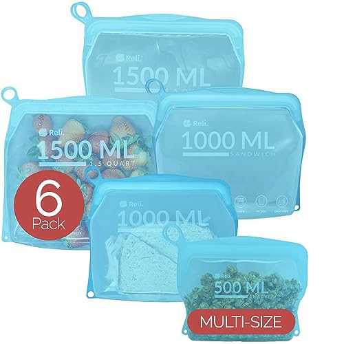 Reli. Reusable Silicone Bags (6 Pack, Multi-Size) | Snack, Sandwich, Gallon (2 Each) - Aqua | Silicone Bags for Food Storage | Reusable Food Storage for Meal Prep | Dishwasher/Freezer Safe