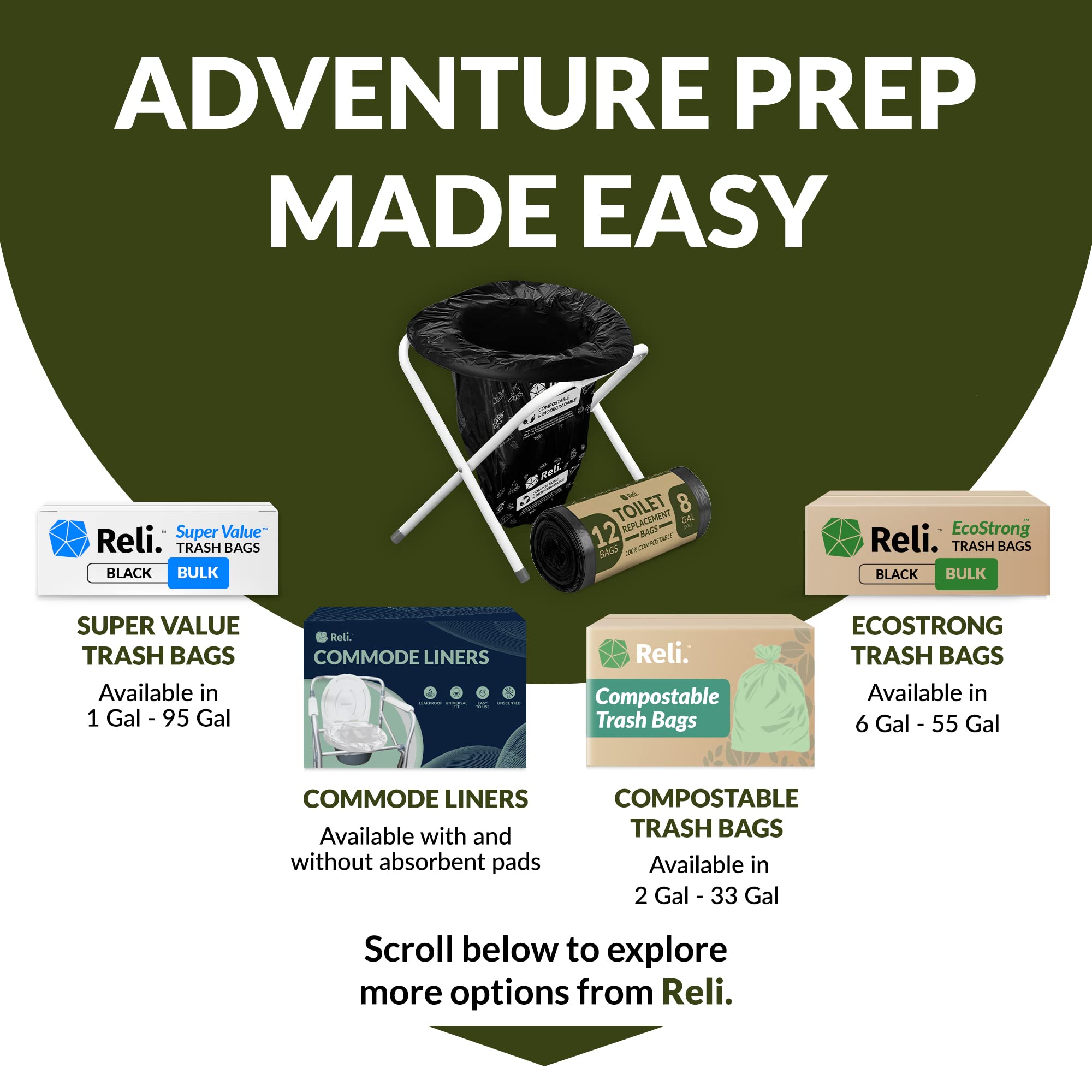 Reli. (12 Count) Portable Toilet Bags Compostable (8 Gallon - 1 Mil Thick) | Camping Toilet Bags | ASTM D6400 | Use for Portable Commode, Camp, Travel, Hiking (Black)