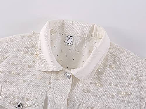 Kedera Jean Jacket Women's Oversized Distressed Short Bridal Embroidered Pearl Beading Denim Jacket