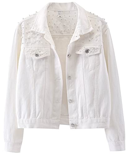 Kedera Jean Jacket Women's Oversized Distressed Short Bridal Embroidered Pearl Beading Denim Jacket