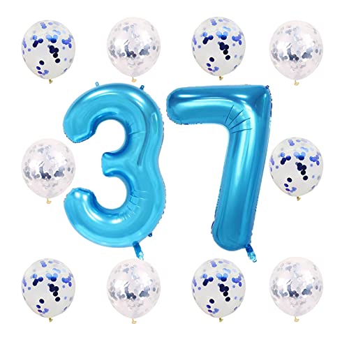 12pcs Blue Balloon Set Number 37 Balloon Kit Giant 37 Digital Foil Balloon Confetti Latex Helium Balloon Party Favors for 37th Birthday Wedding Anniversary Engagement Photo Props,37th Birthday Party