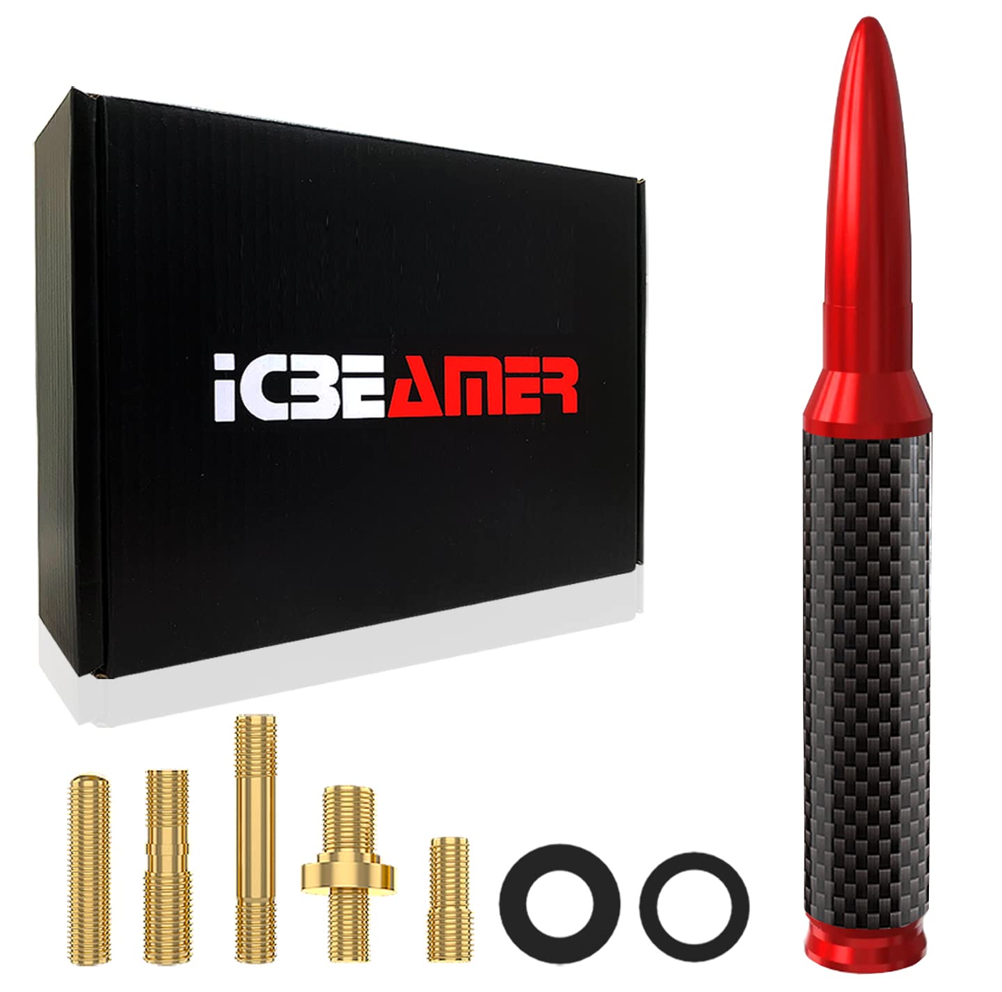 ICBEAMER 50 Cal Carbon Fiber Bullet Antenna Replacement [Color: Red], Universal Fit Truck Van Cars Made with 6061 Solid Aluminum & Anti Theft Anti Chip Design Universal Fit Good for AM/FM Radio