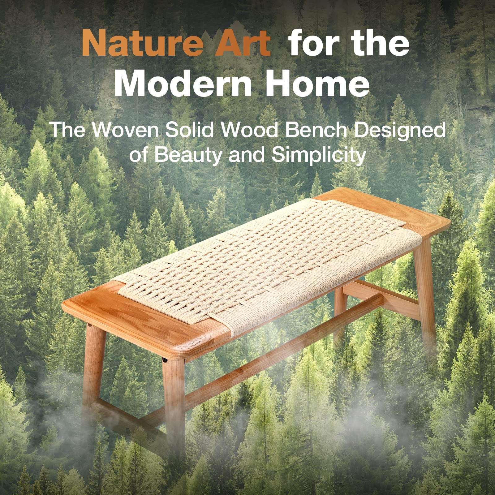 Fancyarn Woven Bench, 32" L FAS Grade Solid Oak Wood Dining Bench w/Rustic Design, Hand Woven Enterway Bench, Breathable Surface, Firm Mortise & Tenon Structure, Small Bench for Dining Room/Bedroom