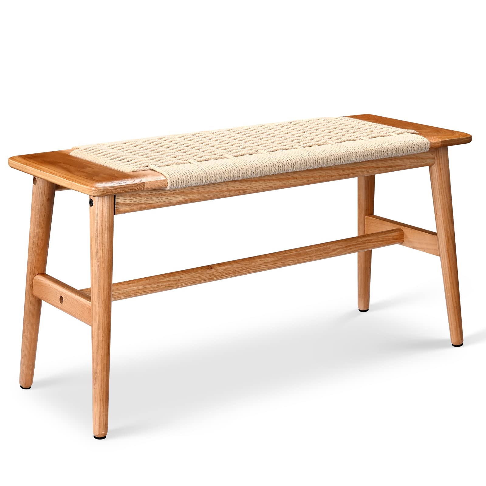 Fancyarn Woven Bench, 32" L FAS Grade Solid Oak Wood Dining Bench w/Rustic Design, Hand Woven Enterway Bench, Breathable Surface, Firm Mortise & Tenon Structure, Small Bench for Dining Room/Bedroom