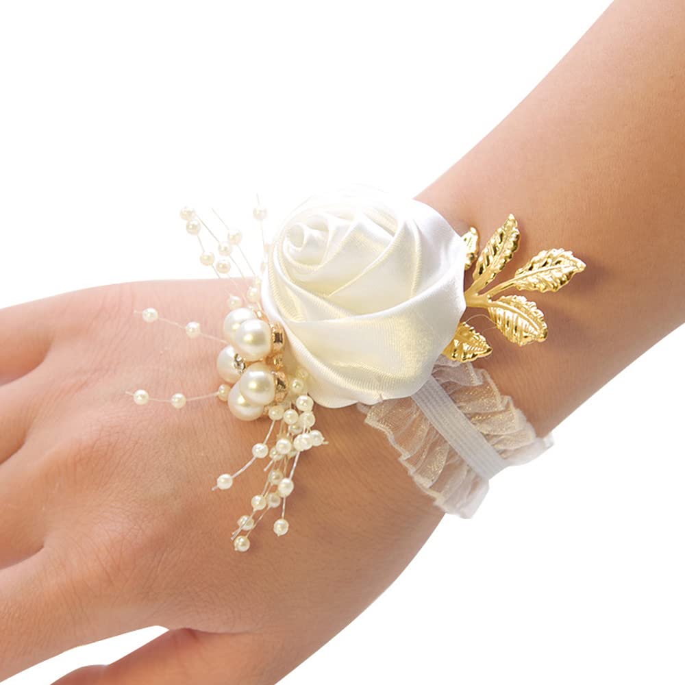 WANLIAN Rose Wrist Corsage Peal Diamond Boutonniere Gold Leaf Wrist Flower for Bride Bridesmaid Prom Wedding Ceremony Anniversary Set of 2(ivory)