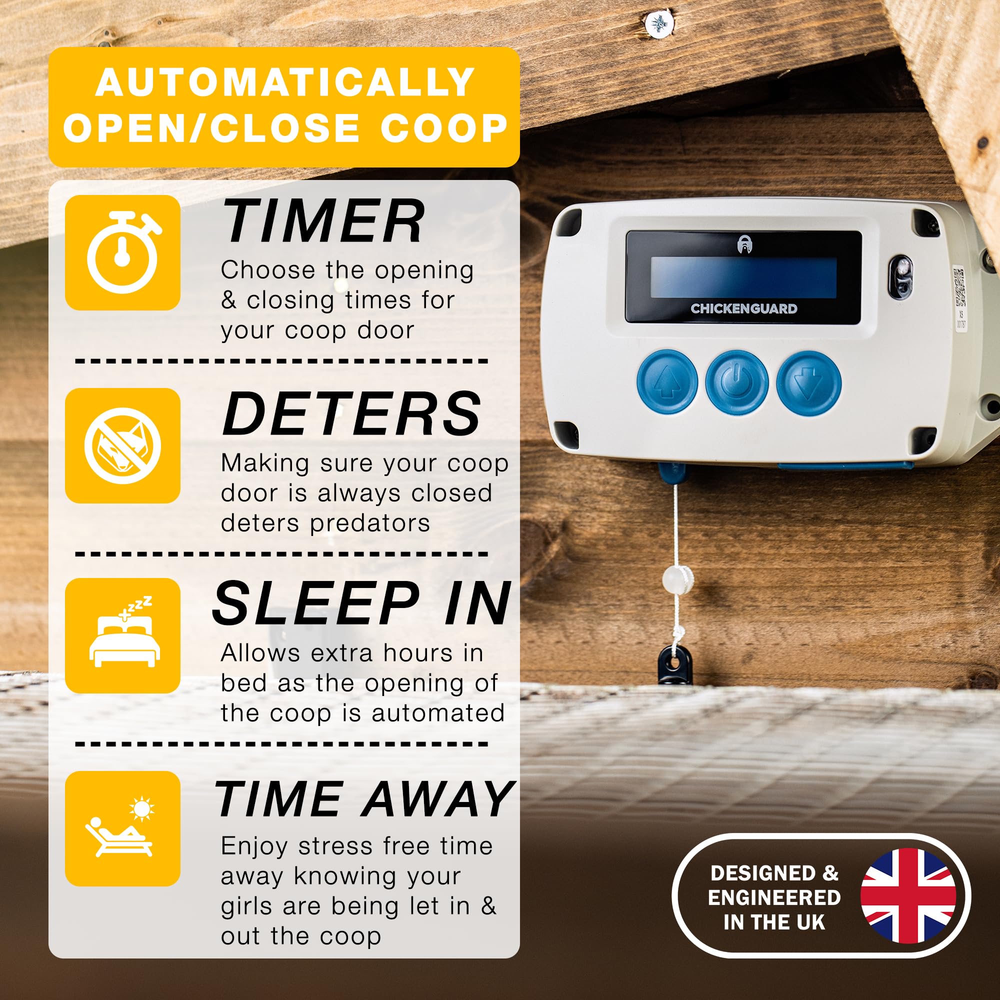 Automatic Chicken Coop Door Opener, ChickenGuard Standard S5, Programmable Timer, Lifts Poultry Door/Flap up to 1kg, Batter//Electric Powered, Weatherproof, Winter Temps to -20c (Door Not Included)