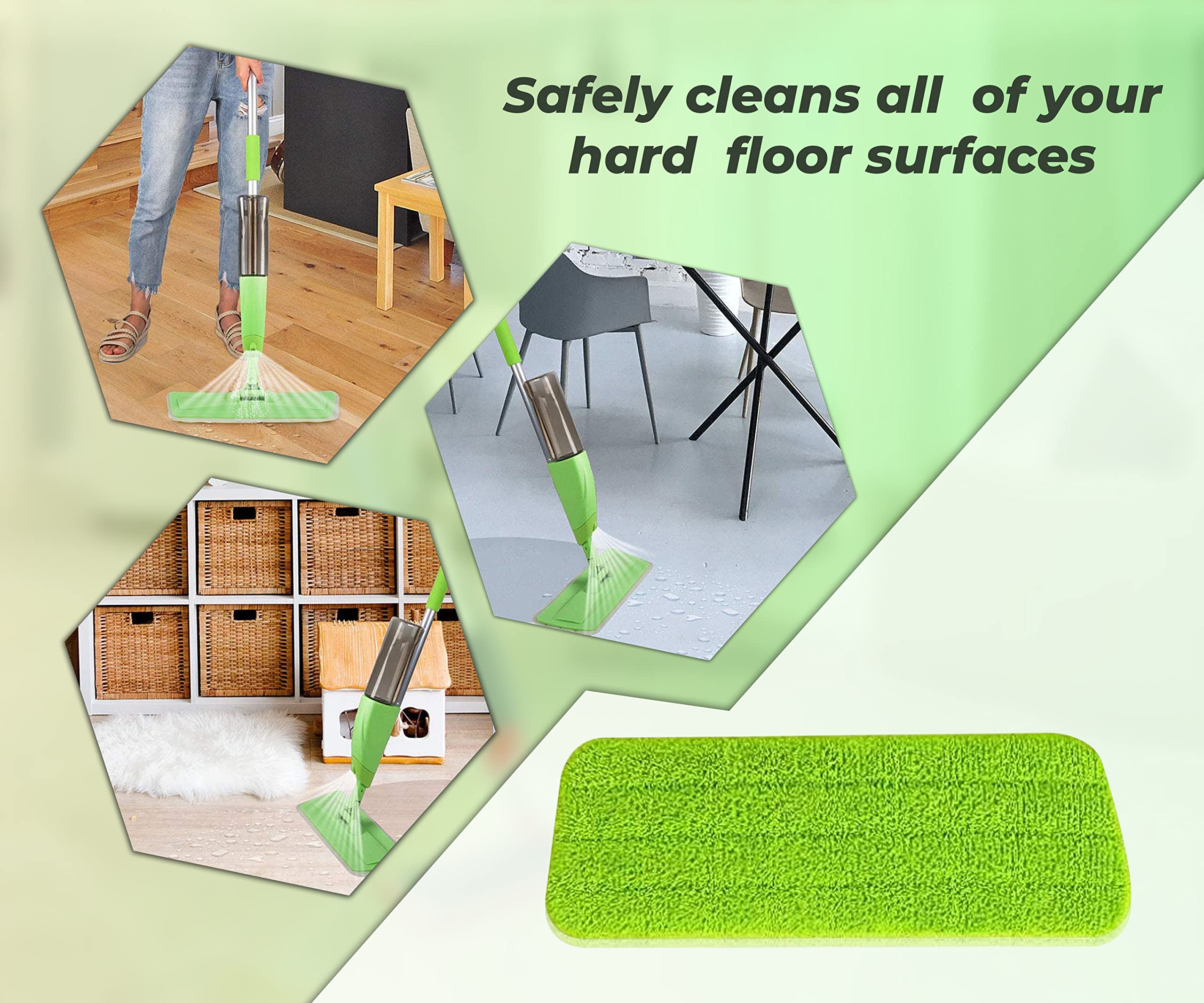 ARSUK Spray Mop Refill Pads Microfiber Replacement Heads Premium Wet/Dry Flat Mop Floor Cleaning Machine Washable Reusable 16 x 5.5 inches ( 3 Pack Green)
