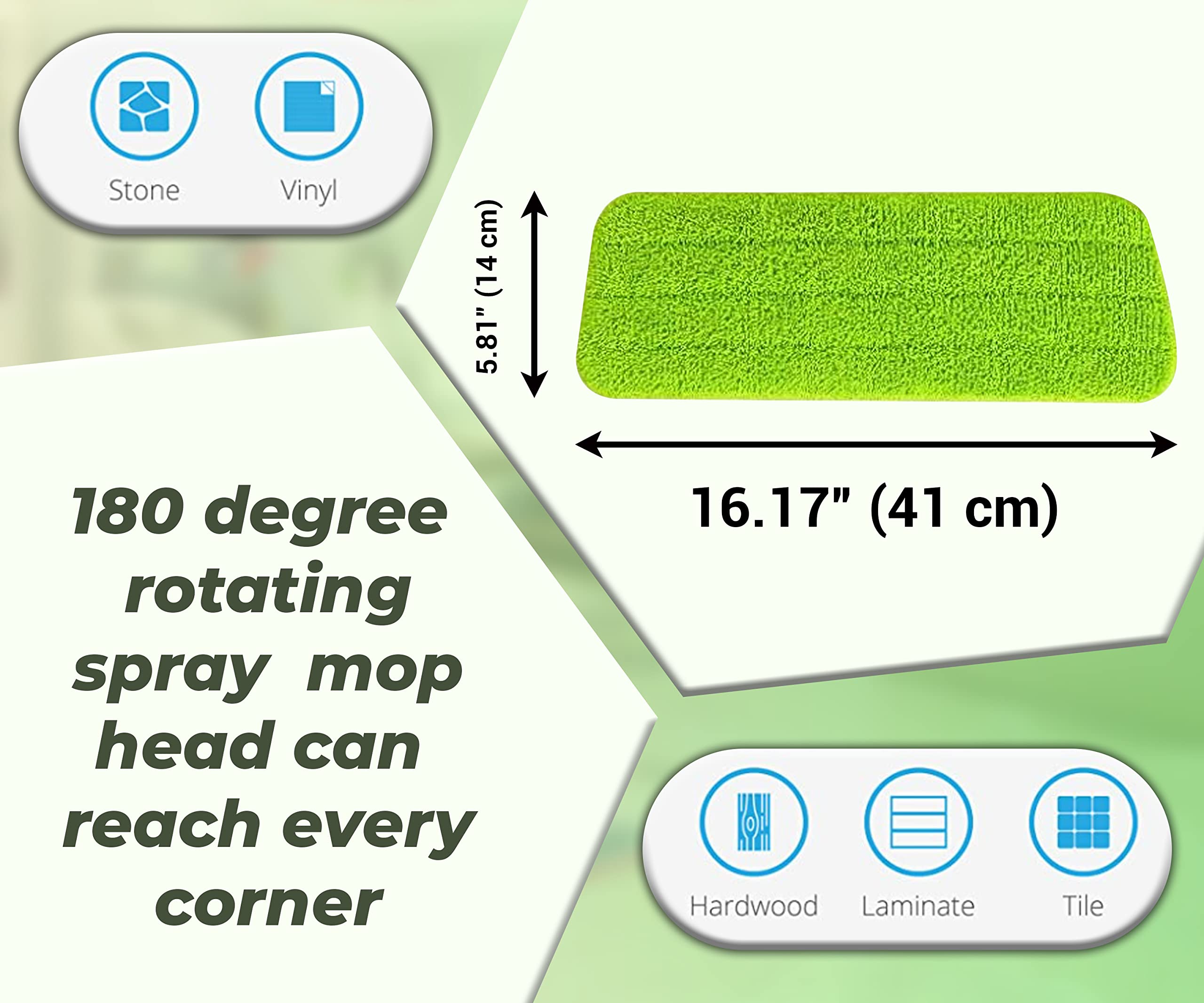 ARSUK Spray Mop Refill Pads Microfiber Replacement Heads Premium Wet/Dry Flat Mop Floor Cleaning Machine Washable Reusable 16 x 5.5 inches ( 3 Pack Green)