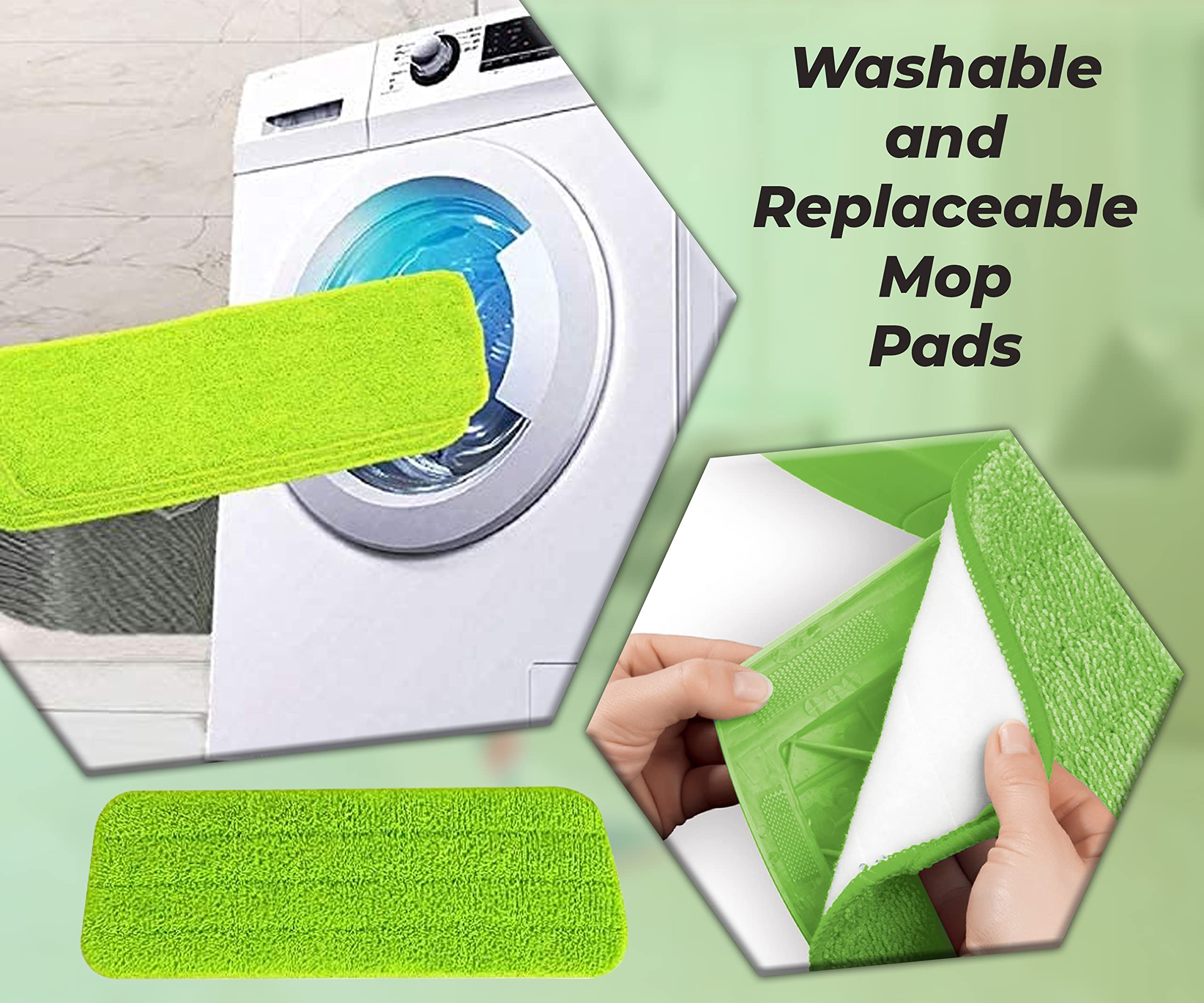 ARSUK Spray Mop Refill Pads Microfiber Replacement Heads Premium Wet/Dry Flat Mop Floor Cleaning Machine Washable Reusable 16 x 5.5 inches ( 3 Pack Green)