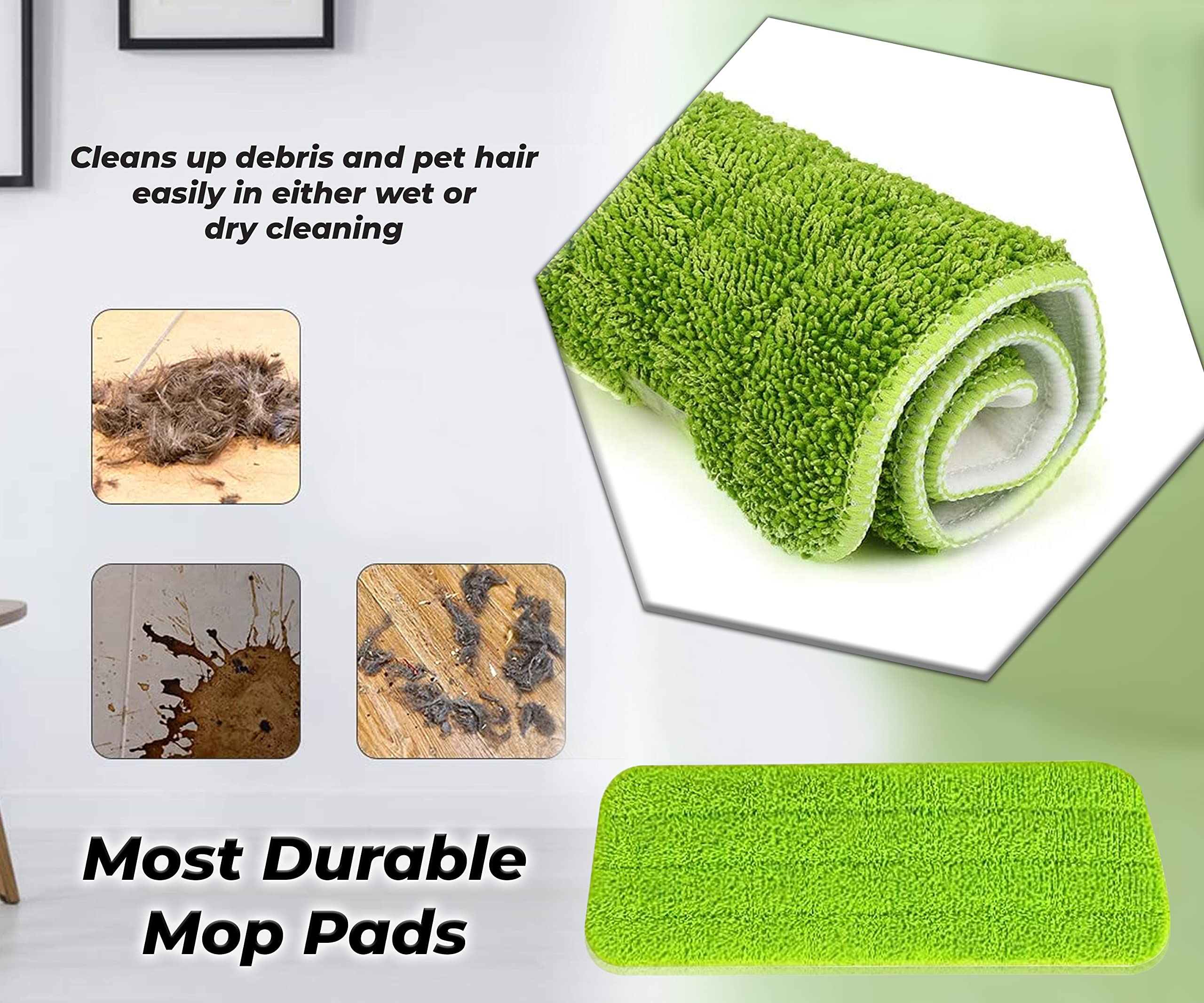 ARSUK Spray Mop Refill Pads Microfiber Replacement Heads Premium Wet/Dry Flat Mop Floor Cleaning Machine Washable Reusable 16 x 5.5 inches ( 3 Pack Green)