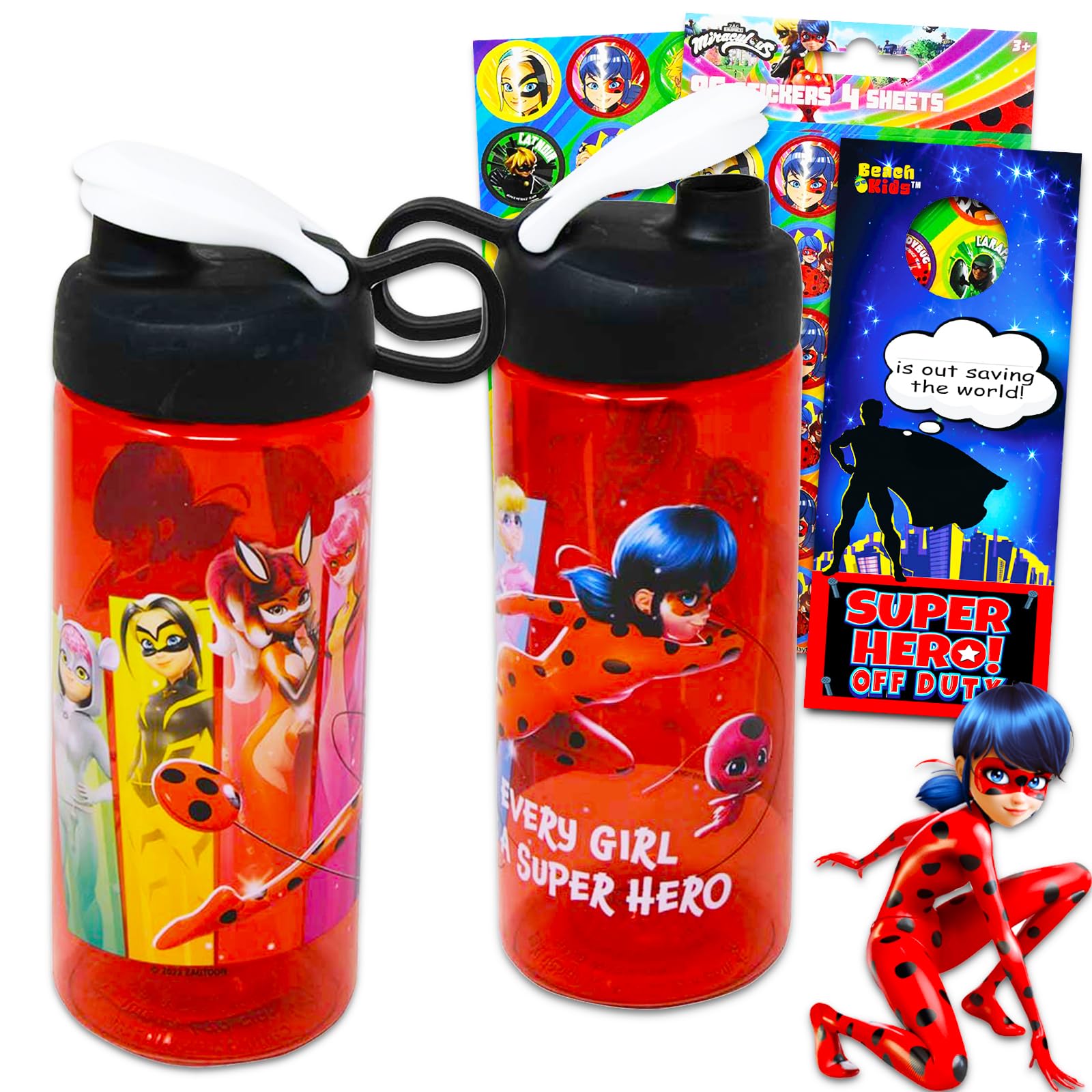 Zagtoon Miraculous Ladybug Water Bottle Set for Girls Kids - Miraculous Ladybug School Supplies Bundle with 2 Water Bottles, Miraculous Ladybug Stickers, More (Miraculous Ladybug Gifts)