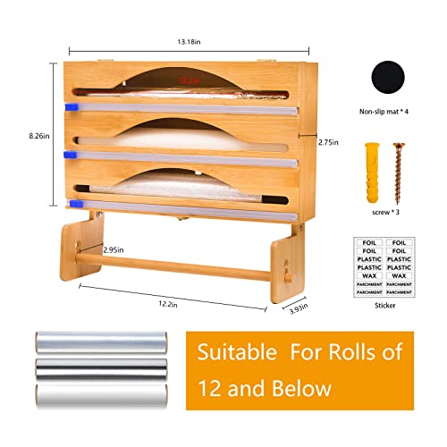 FevanKiKi Hangable Foil and Plastic Wrap Organizer with Cutter,4in1 Plastic Wrap,Aluminum Foil,Wax Paper,Parchment Dispenser and Paper Towel Wall-Mount Roll Holder for Kitchen Drawer and Wall Storage