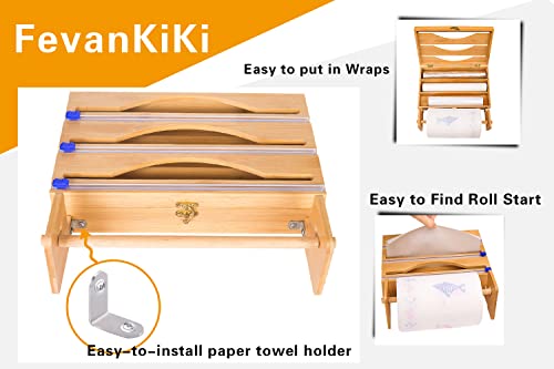 FevanKiKi Hangable Foil and Plastic Wrap Organizer with Cutter,4in1 Plastic Wrap,Aluminum Foil,Wax Paper,Parchment Dispenser and Paper Towel Wall-Mount Roll Holder for Kitchen Drawer and Wall Storage