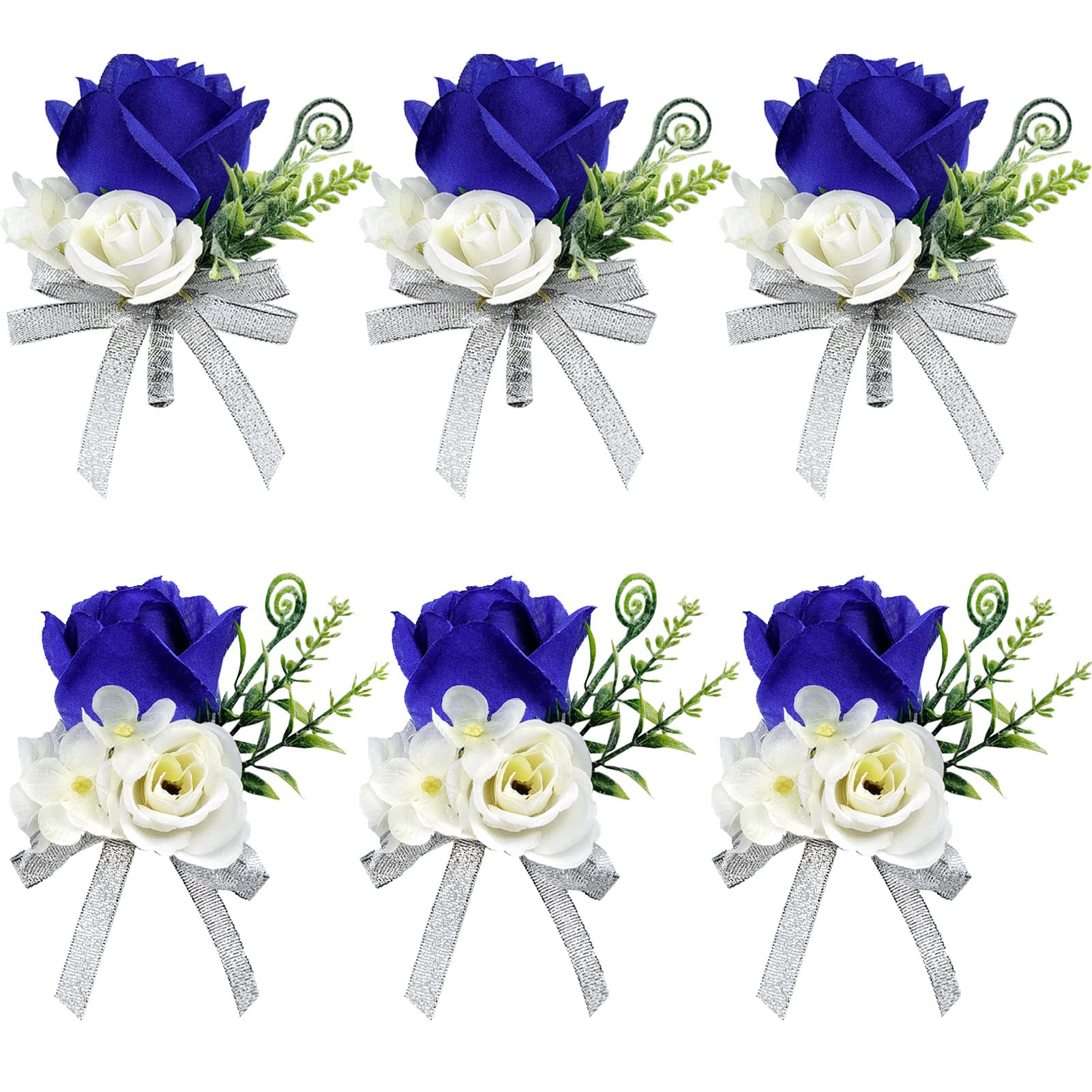 Ciandid Royal Blue Rose Wrist Corsage and Boutonniere set for Wedding, 3PCS Groom Groomsman Boutonnieres & 3PCS Bride Bridesmaid Wrist Corsages Wristlet Bracelet Flower for Wedding Ceremony Prom Party