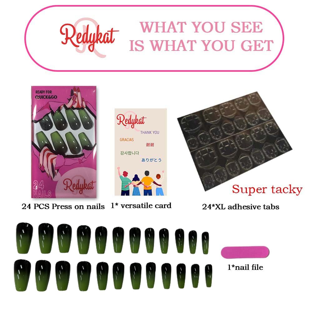 Redykat 24PCS Glossy Green Ombre Coffin Press On Nails, Salon Quality Nail art, Extra Long Acrylic Fake Nails, Witchy Nails (Green&Black Ombre)