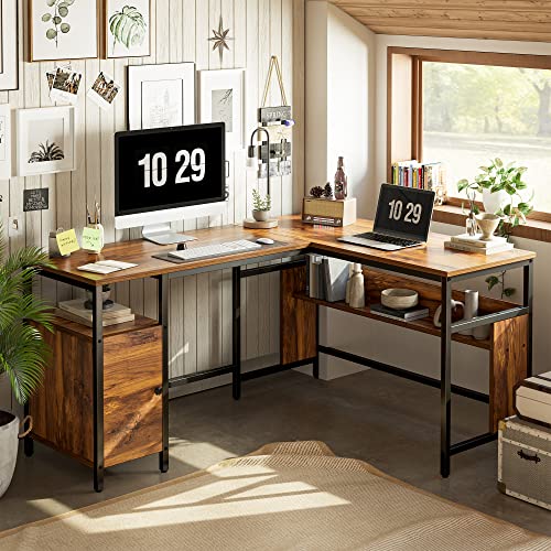 CubiCubi L Shaped Desk with File cabinets, 59.1 Inch Corner Computer Desk, Home Office Gaming Writing Workstation with Storage Shelves, Deep Brown