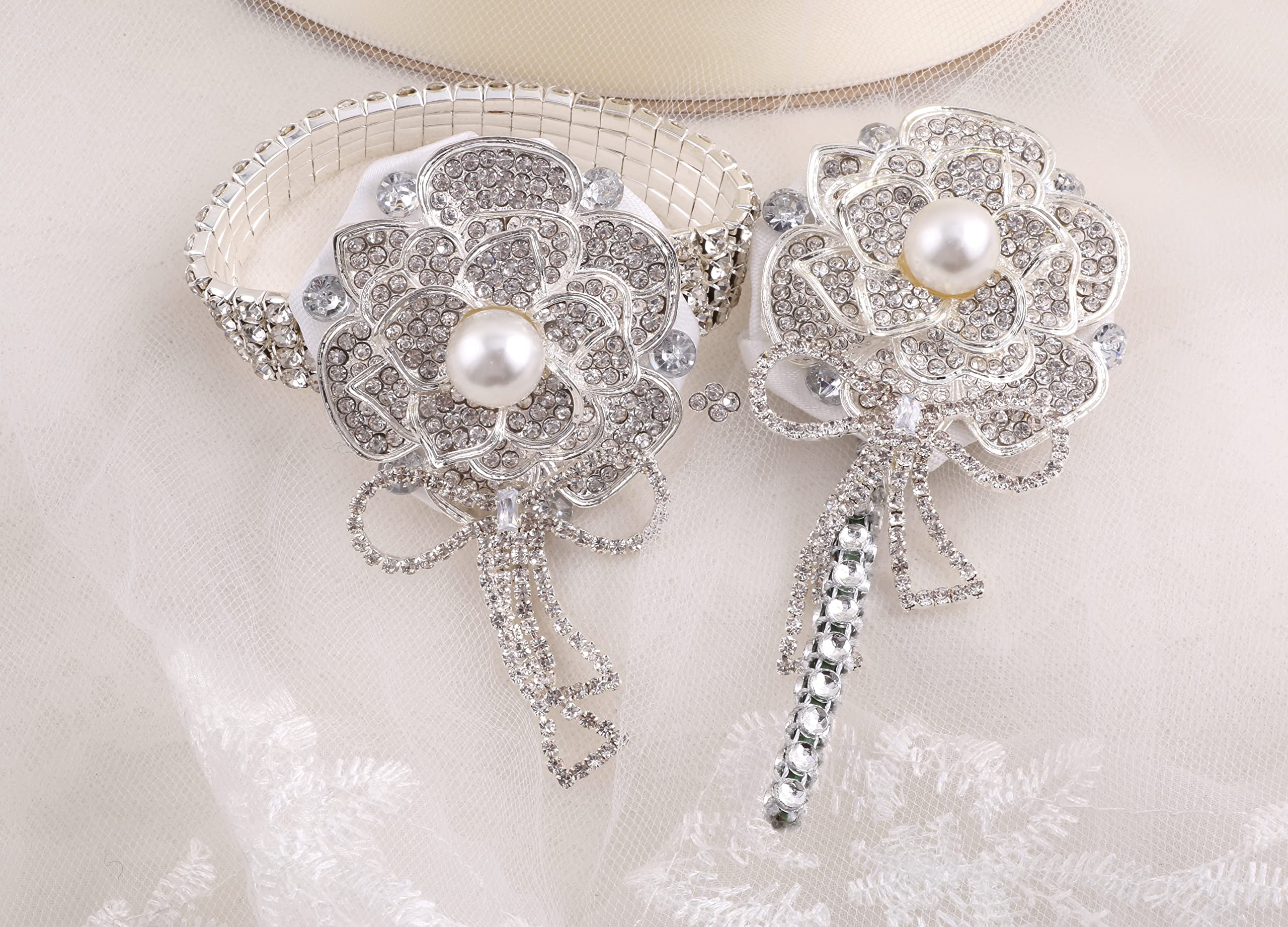 BingooPan Wrist Corsage Wristlet and Boutonniere Set 2 with Artificial Pearl for Luxury Wedding Party Prom (Ivory)