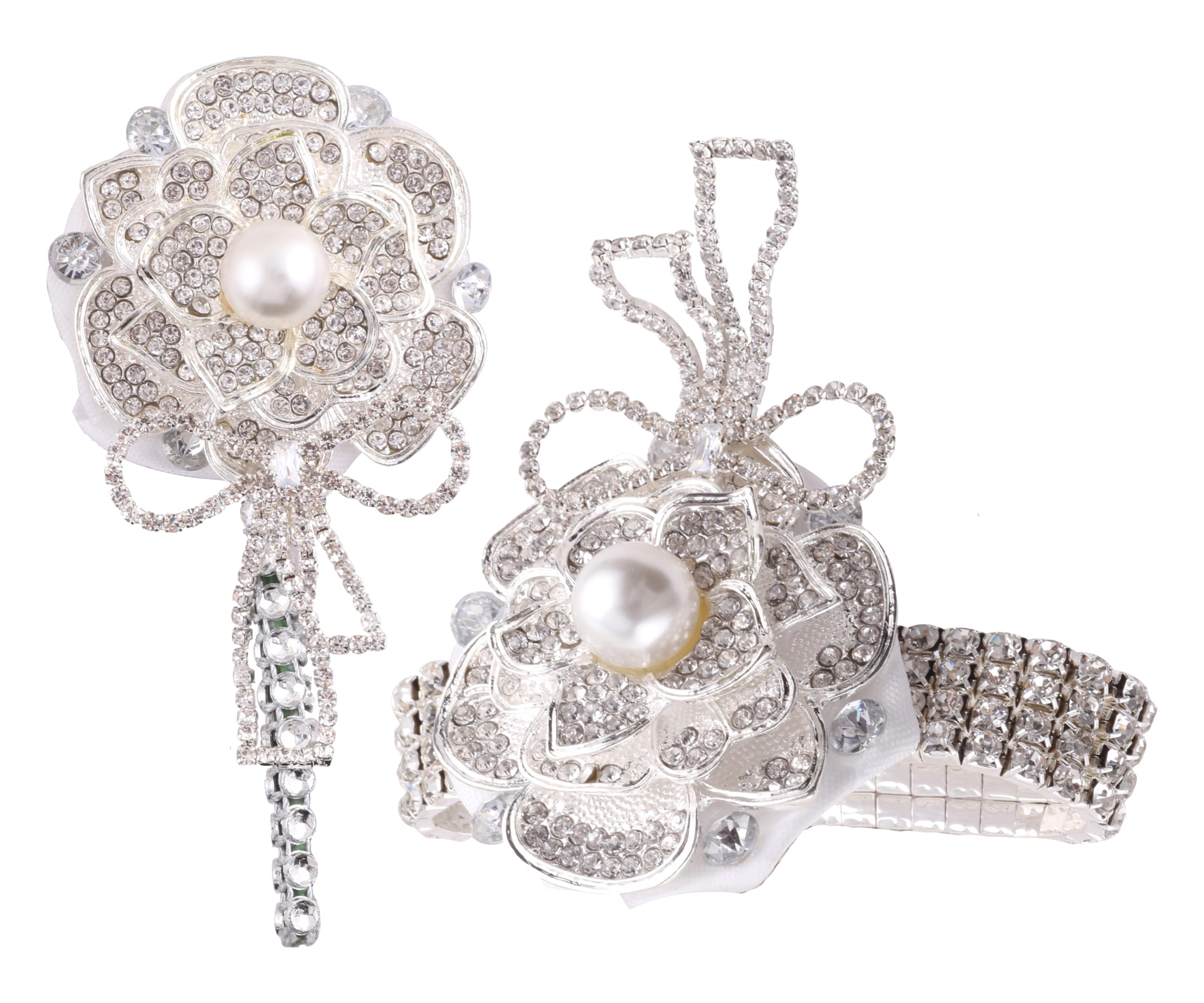 BingooPan Wrist Corsage Wristlet and Boutonniere Set 2 with Artificial Pearl for Luxury Wedding Party Prom (Ivory)
