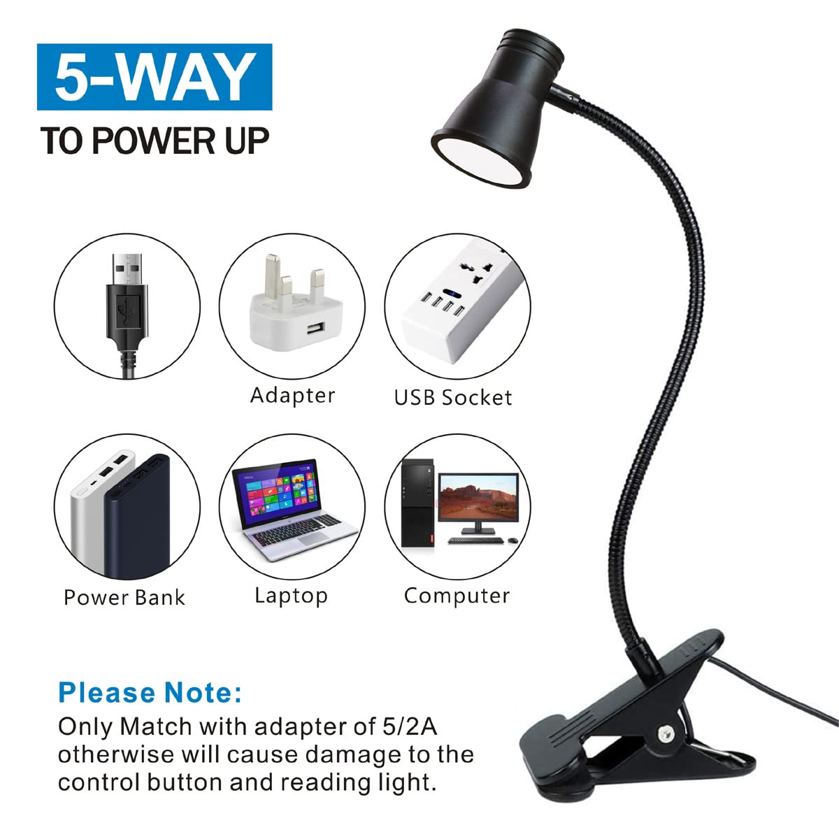 KNAMKY USB LED Desk Lamp Clip On Reading Light, 3 Light Mode 10 Dimmable Brightness Levels Book Light for Dorm Bed Headboard, Adjustable Flexible Neck Clamp Light, Perfect for Working Studying