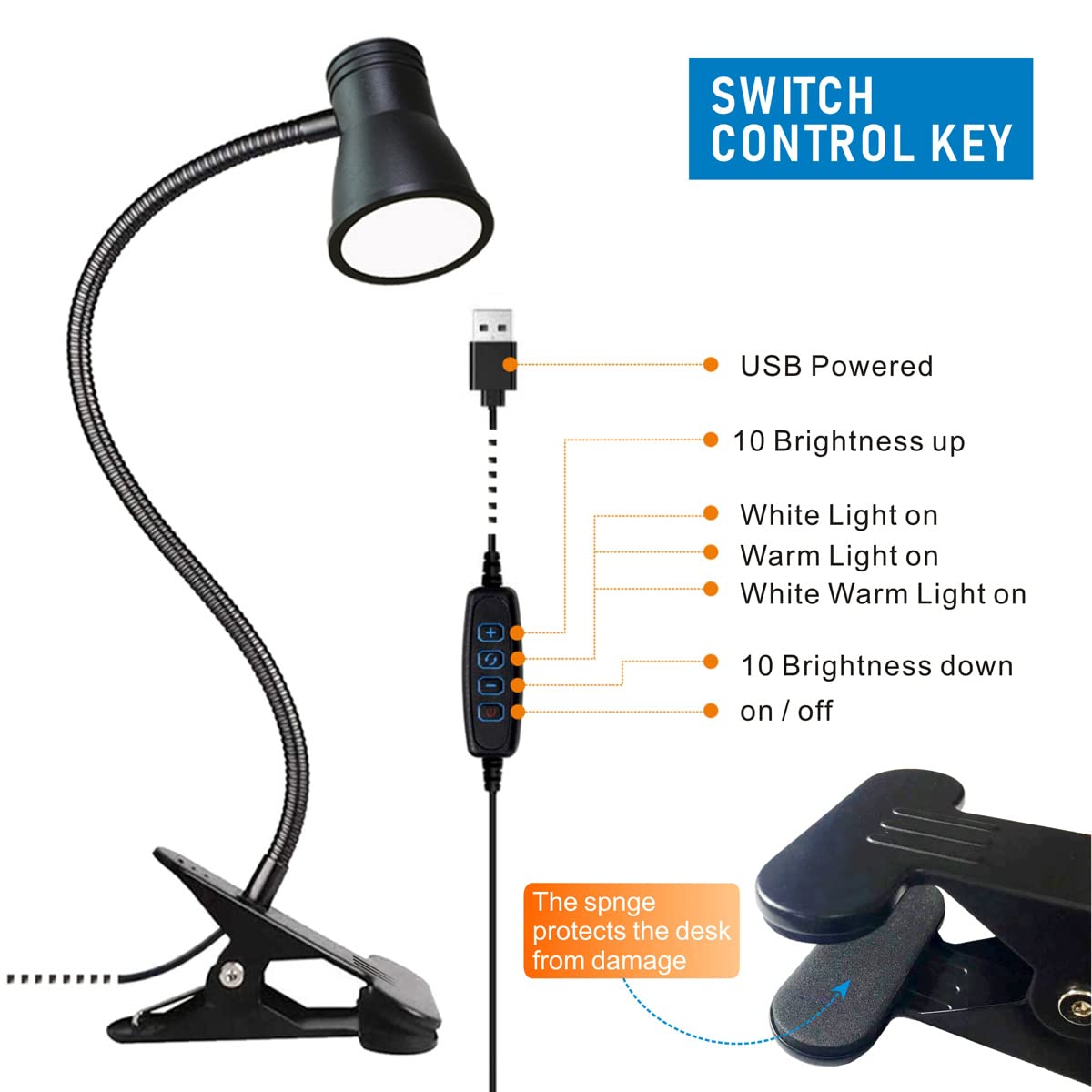 KNAMKY USB LED Desk Lamp Clip On Reading Light, 3 Light Mode 10 Dimmable Brightness Levels Book Light for Dorm Bed Headboard, Adjustable Flexible Neck Clamp Light, Perfect for Working Studying