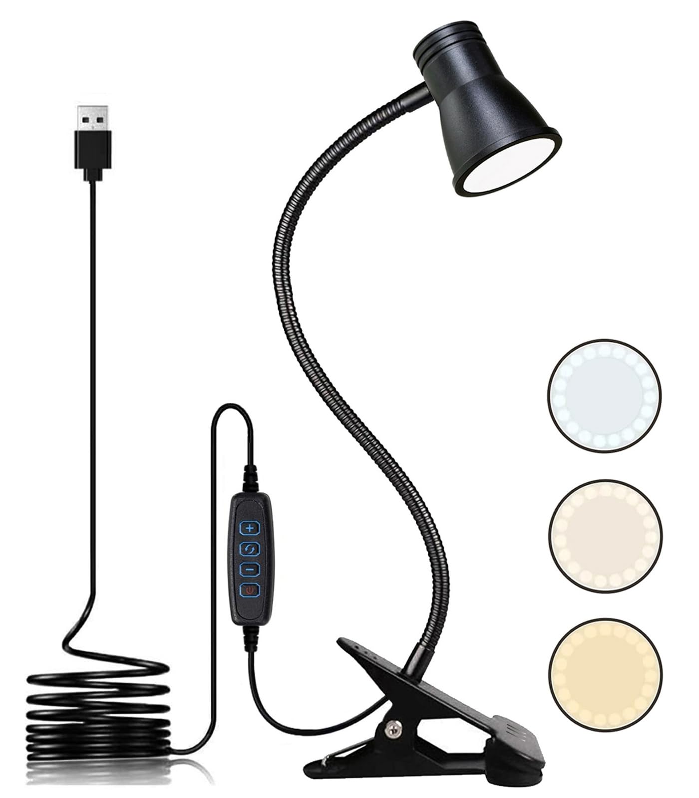 KNAMKY USB LED Desk Lamp Clip On Reading Light, 3 Light Mode 10 Dimmable Brightness Levels Book Light for Dorm Bed Headboard, Adjustable Flexible Neck Clamp Light, Perfect for Working Studying