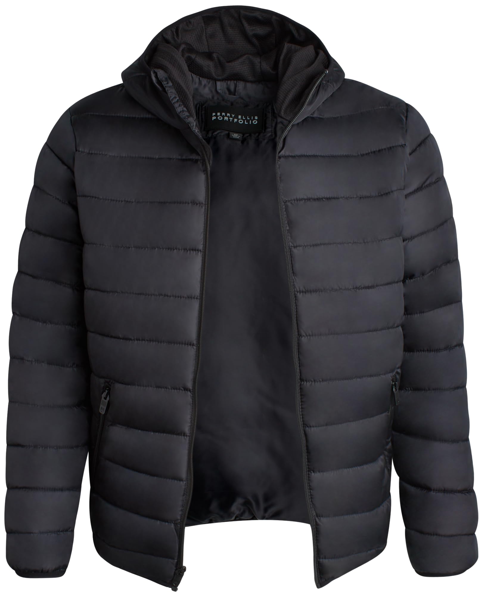 Perry Ellis Men's Winter Jacket - Soft Fleece Quilted Packable Puffer Hooded Down Jackets - Winter Jackets for Men (S-XXL), Size Large, Ink Black