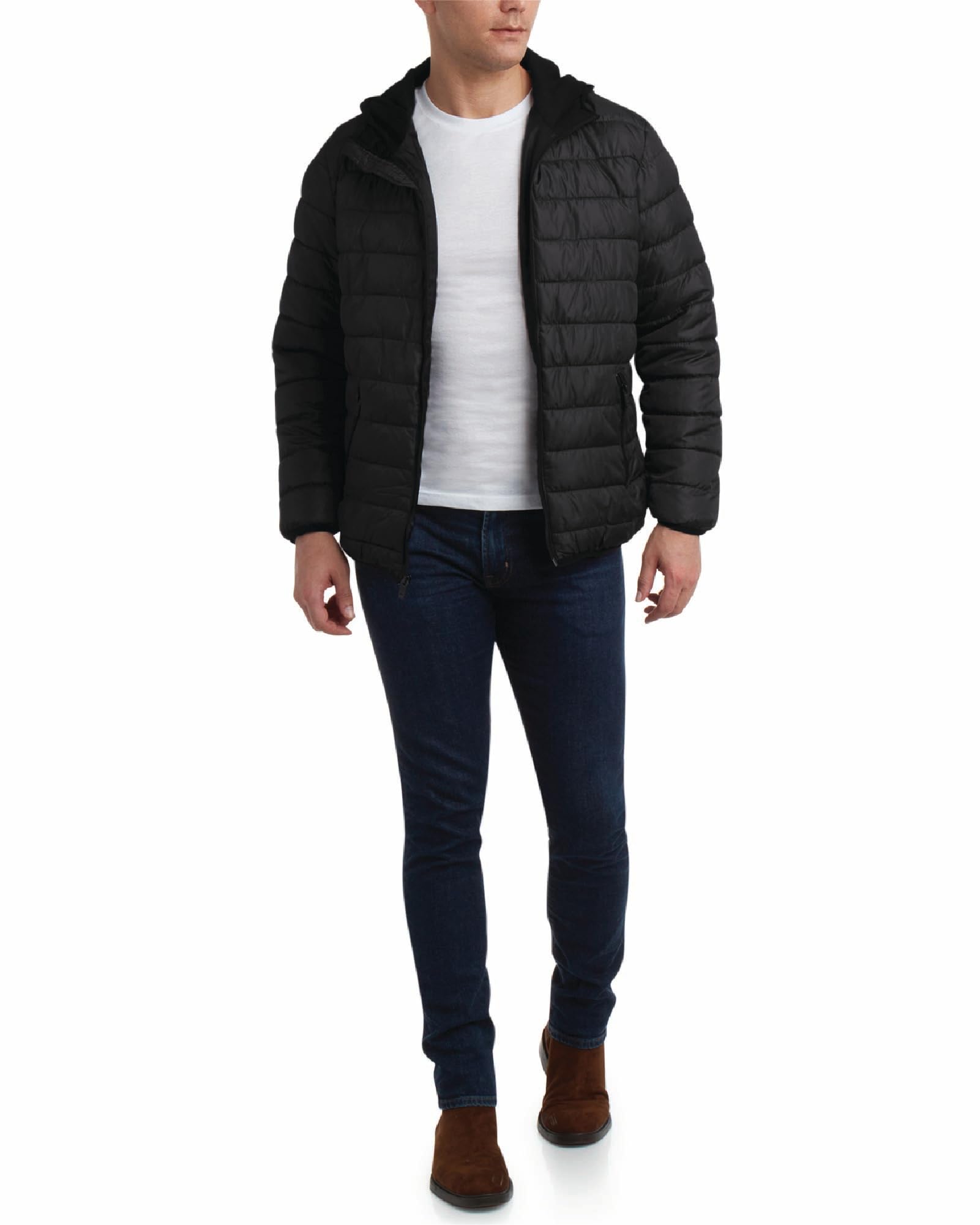 Perry Ellis Men's Winter Jacket - Soft Fleece Quilted Packable Puffer Hooded Down Jackets - Winter Jackets for Men (S-XXL), Size Large, Ink Black