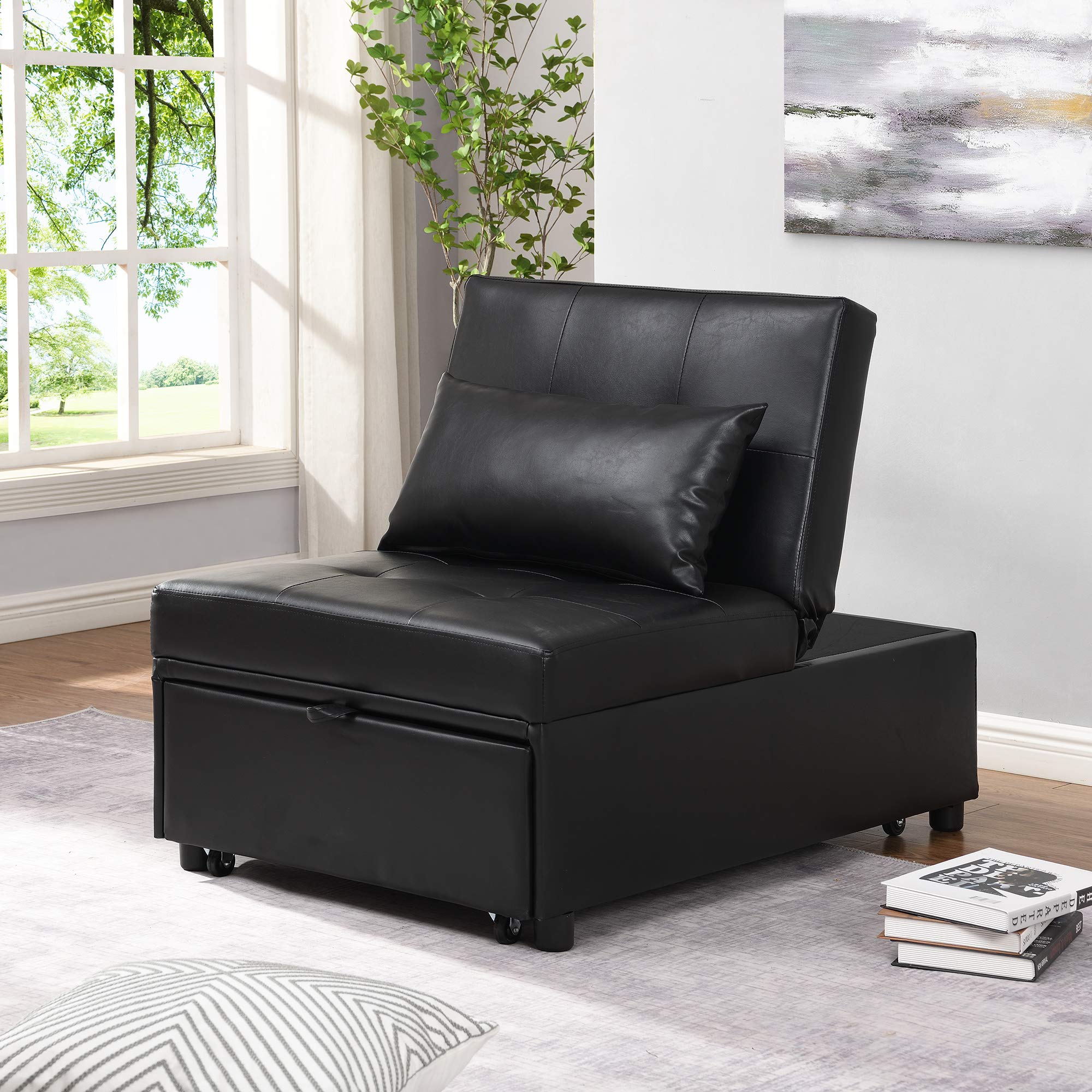 HABITRIO 4-in-1 Sofa with Pull-Out Sleeper, Solid Wood Frame Button Tufted Black PU Upholstered Sofa Couch with Pillow, Work as Ottoman, Lounge Chair, Seat Couch and Bed, Fit for Living Room, Bedroom